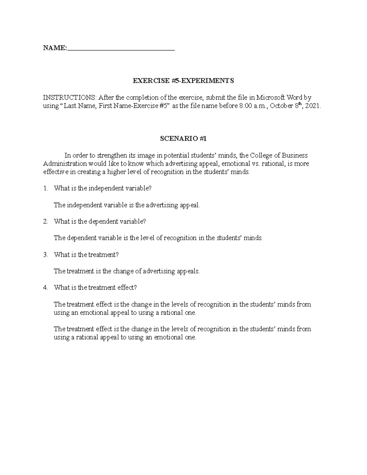 Exercise #5 Experiments - NAME: EXERCISE #5-EXPERIMENTS INSTRUCTIONS ...