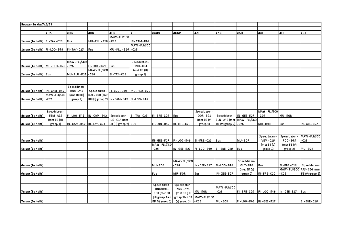 Rooster 020223 per klas - Rooster 3e klas 7/2/ 3HA 3HB 3HC 3HD 3HE 3GON ...