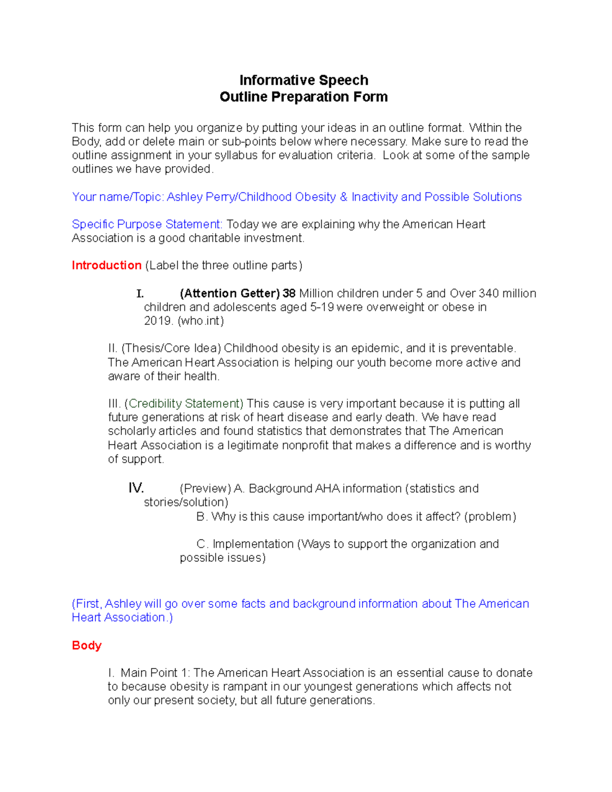 Group Speech Outline - Informative Speech Outline Preparation Form This ...