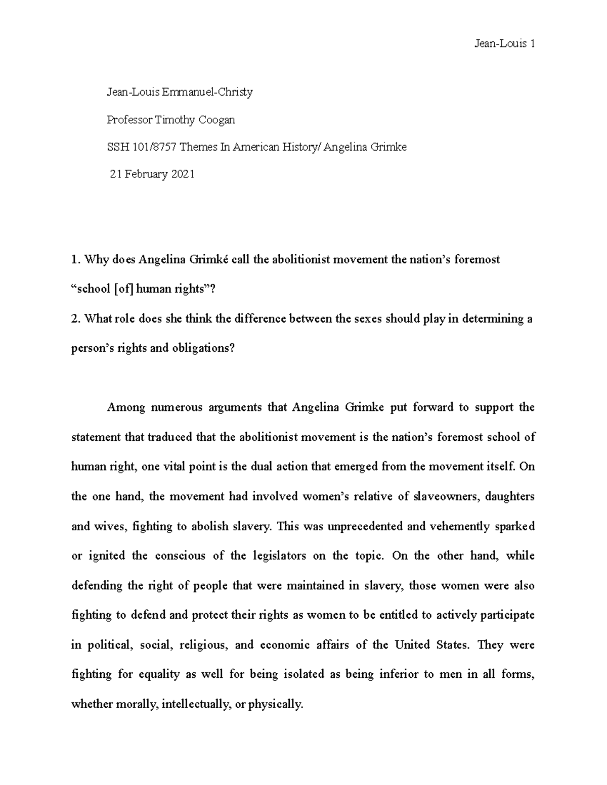 Angelina Grimke - Summary - Jean-Louis 1 Jean-Louis Emmanuel-Christy ...