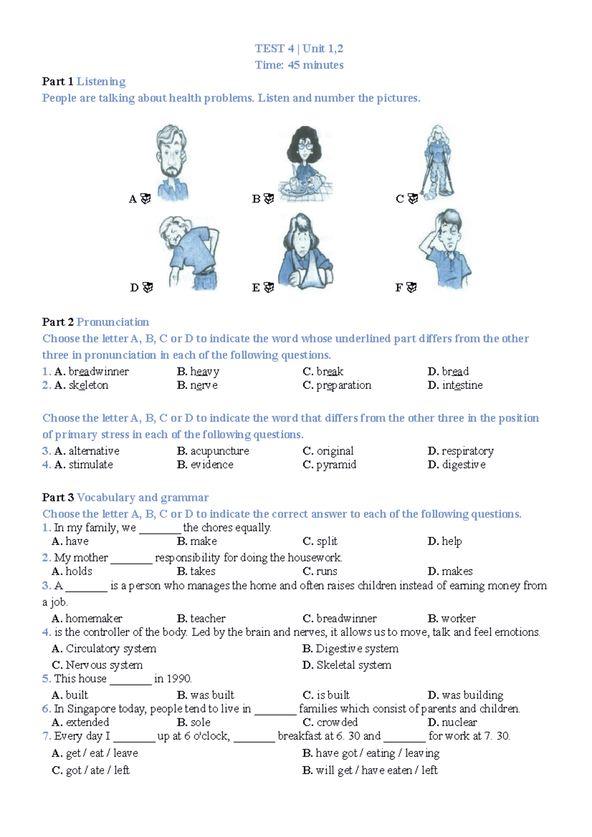 2. Unit 1,2 time 45 minutes - TEST 4 | Unit 1, Time: 45 minutes Part 1 ...