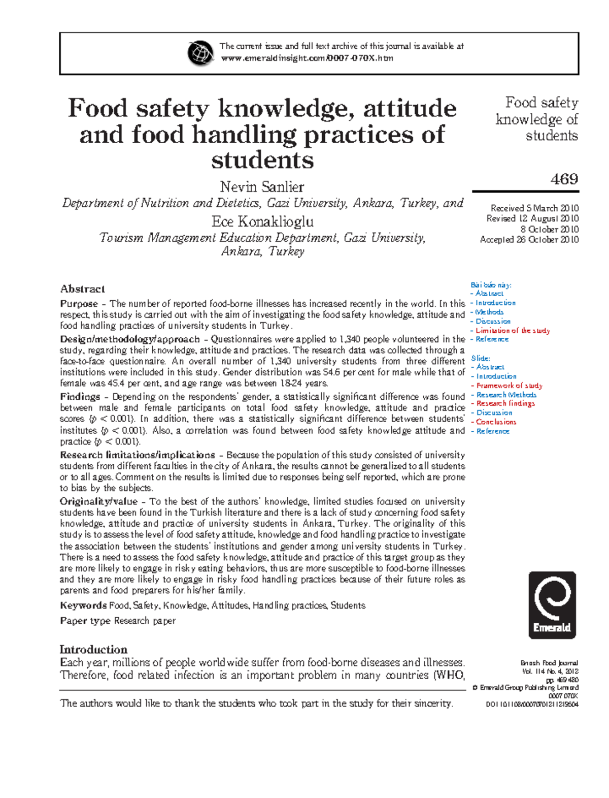 Food safety knowledge attitude and food handling practices of student ...