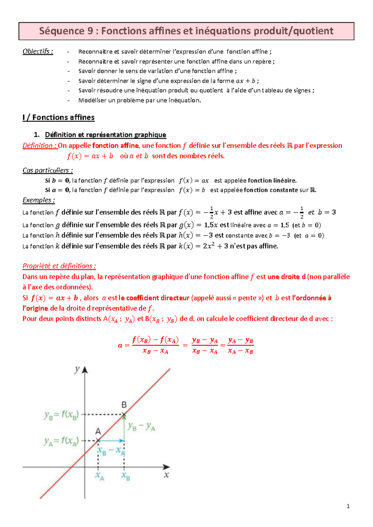 Cours sequence 9 affine - Séquence 9 : Fonctions affines et inéquations produit/quotient ...