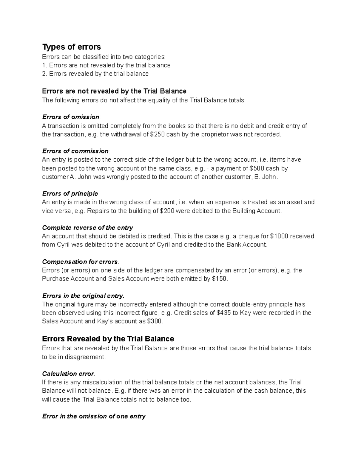 Types of errors in the Trial Balance - Types of errors Errors can be ...