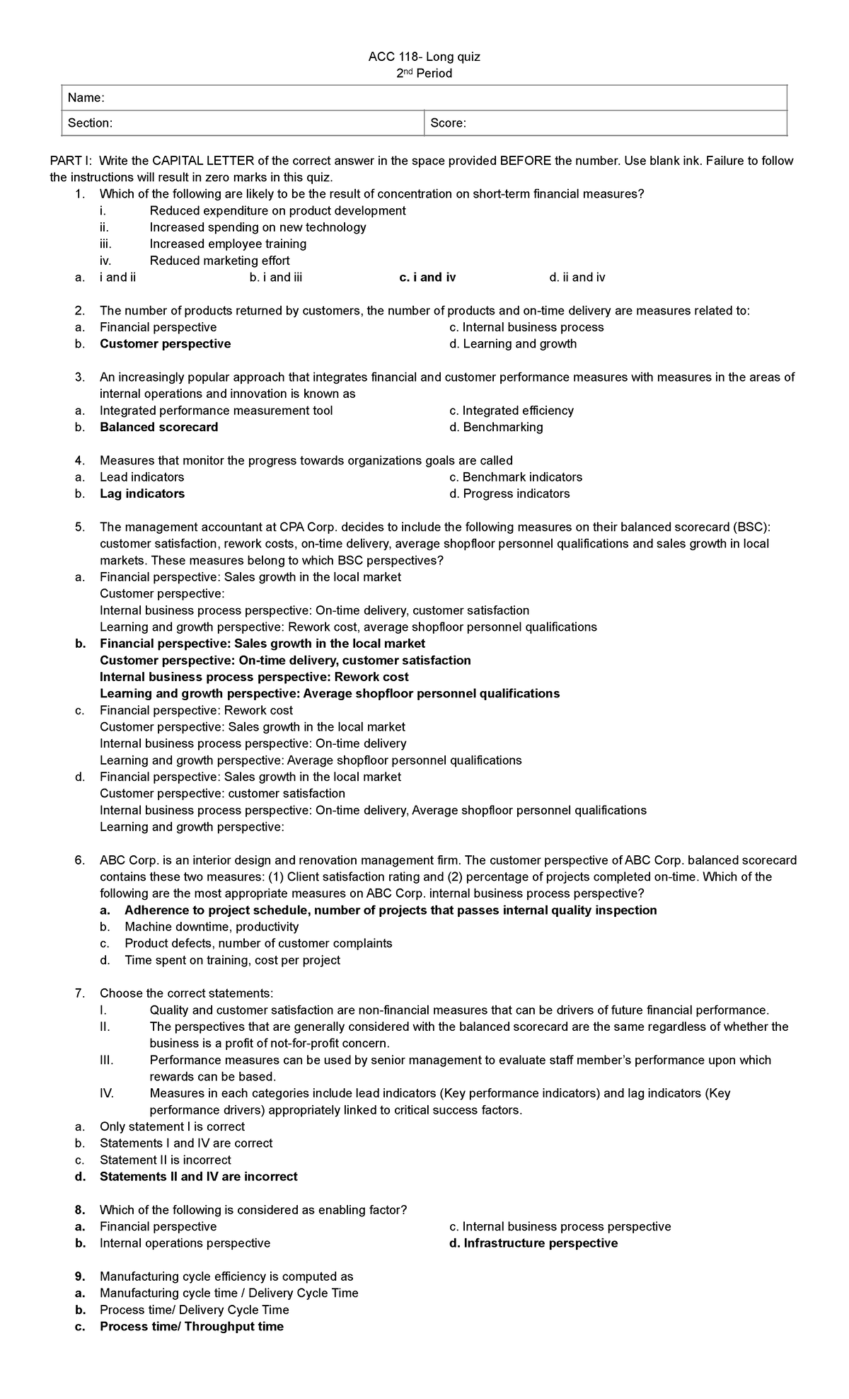 ACC 118- P2 Q1 Answer-KEY - ACC 118- Long quiz 2 nd Period PART I: Write the CAPITAL LETTER of ...
