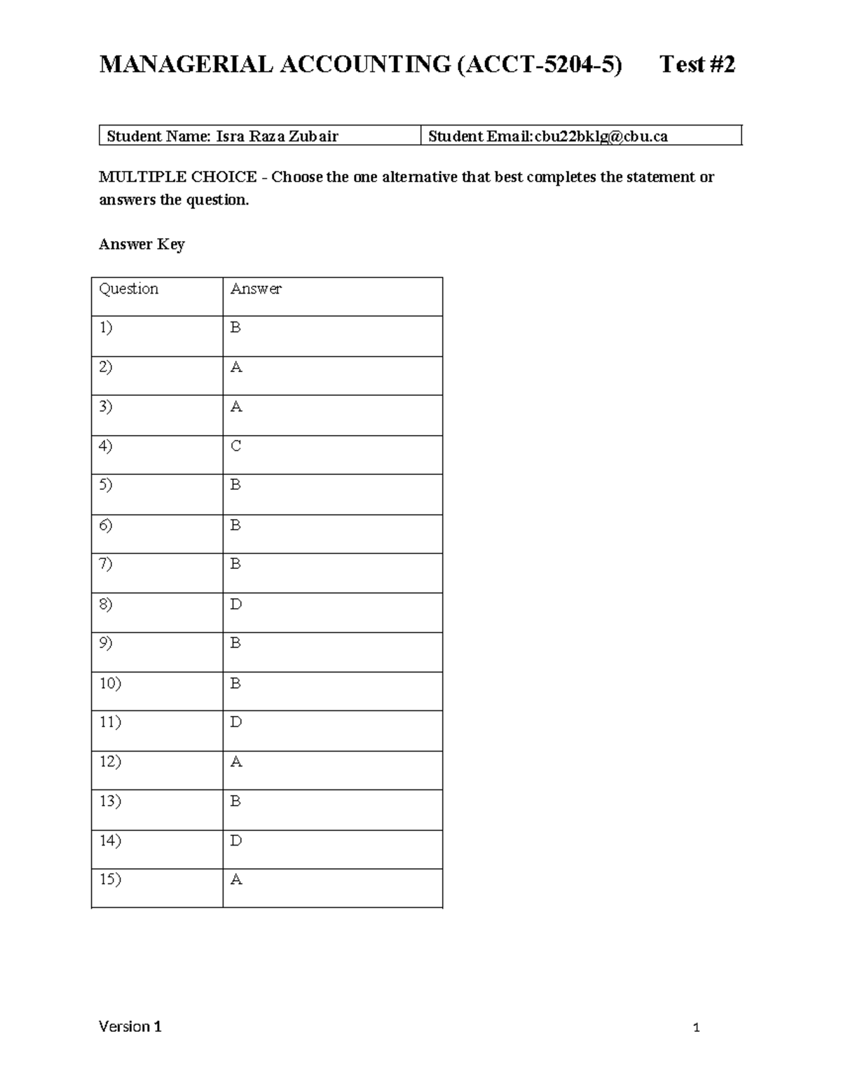 Answer Key -test 2 acc - MANAGERIAL ACCOUNTING (ACCT-5204-5) Test ...