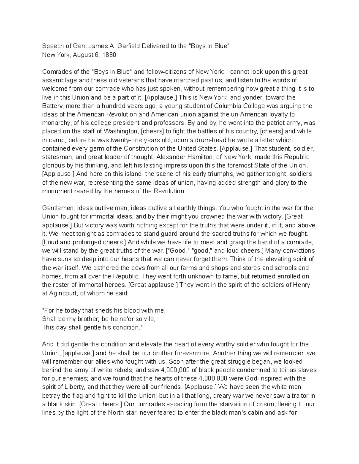 Garfield speech transcript - Speech of Gen. James A. Garfield Delivered ...