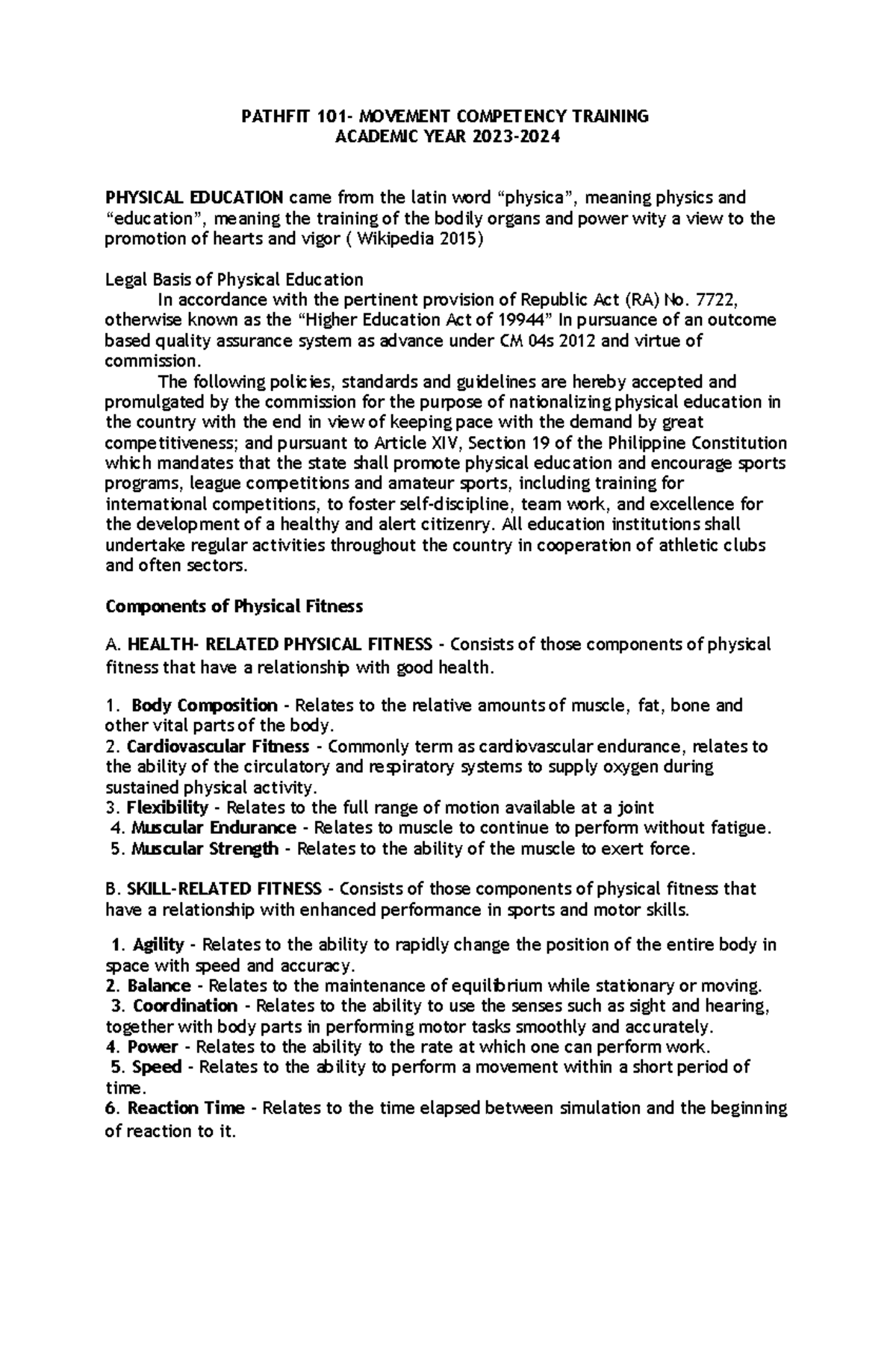 Pathfit-101-handout - For Pathfit - PATHFIT 101- MOVEMENT COMPETENCY ...