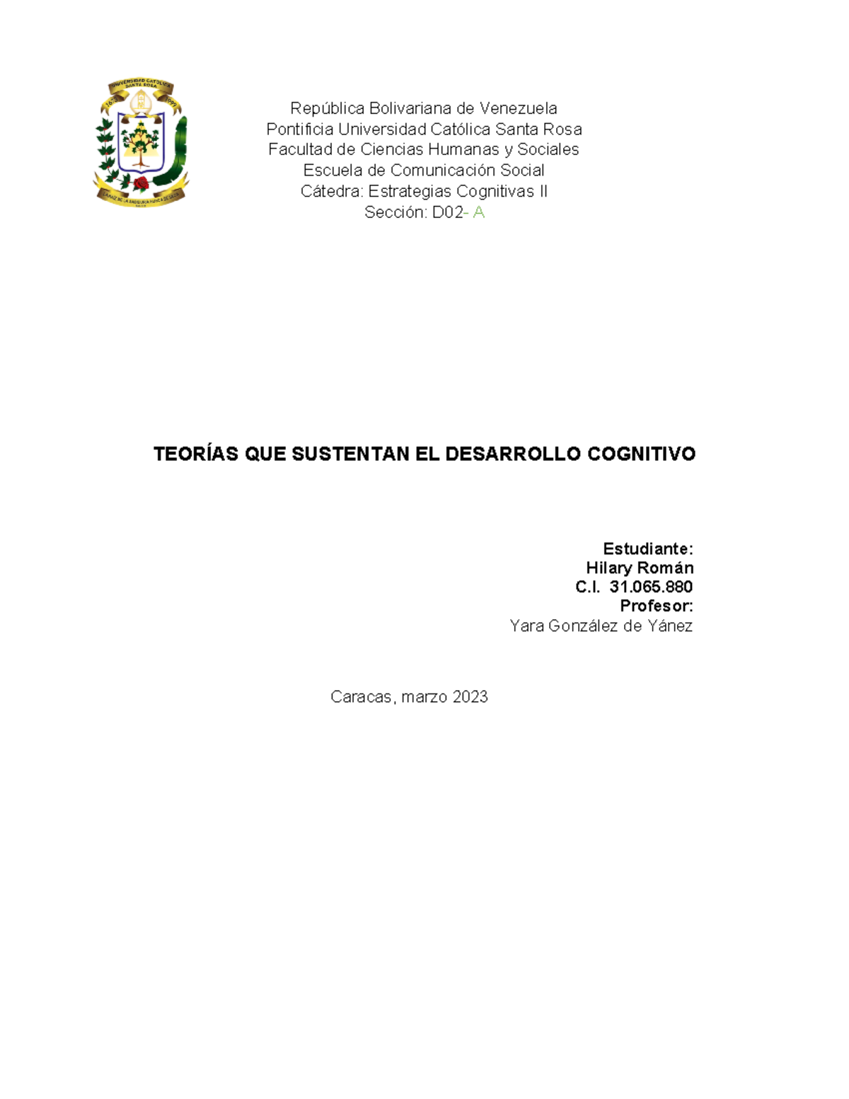 Teoria cognitiva. Hilary Román. D02A - República Bolivariana de ...