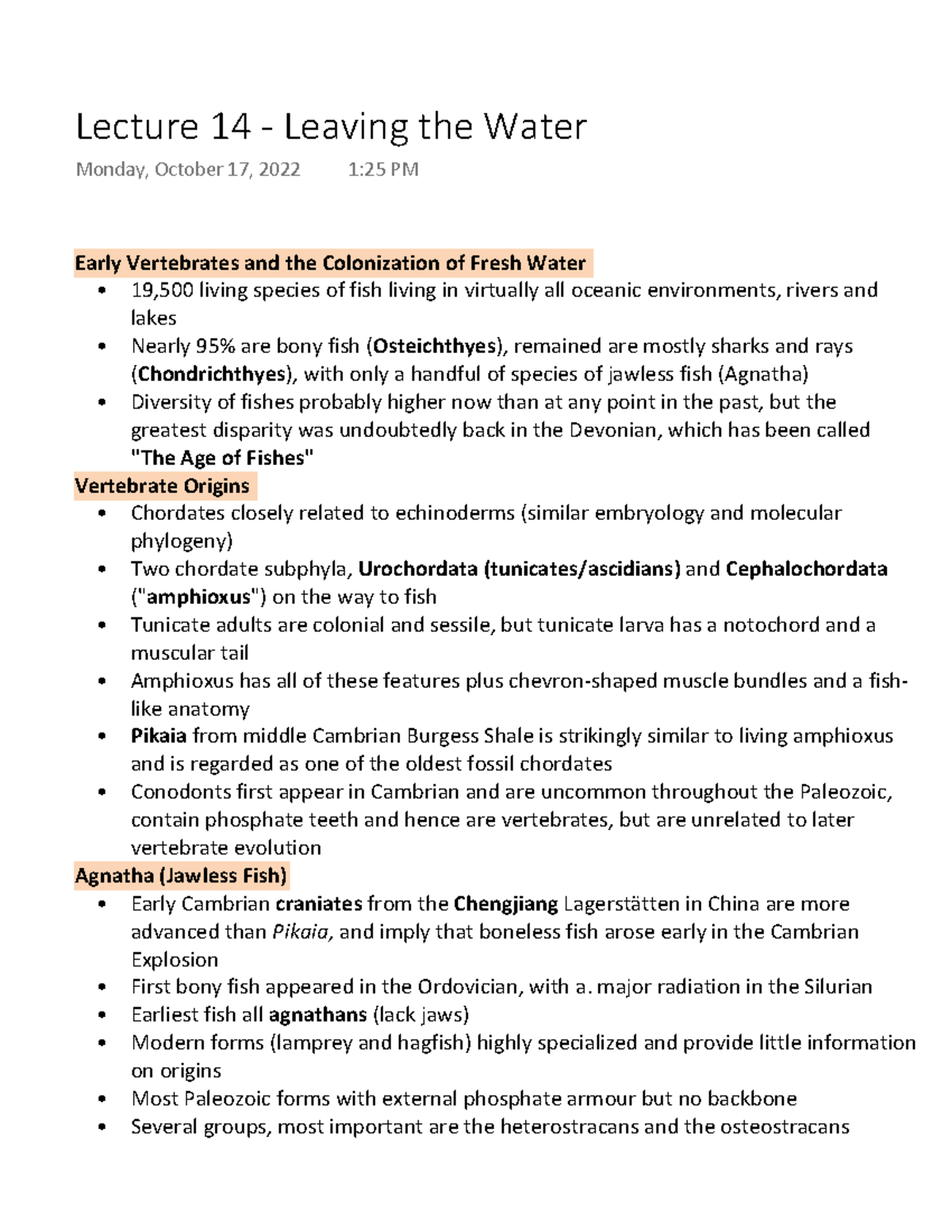 Lecture 14 - Leaving the Water - Early Vertebrates and the Colonization ...