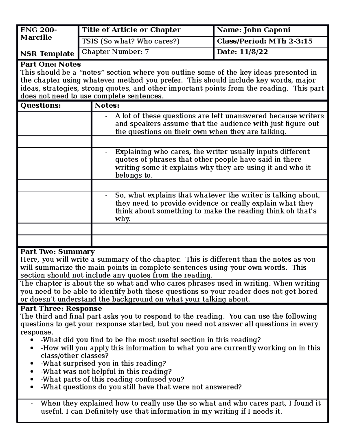 ENG-200 NSR Chapter 7 - class notes - ENG 200- Marcille NSR Template ...