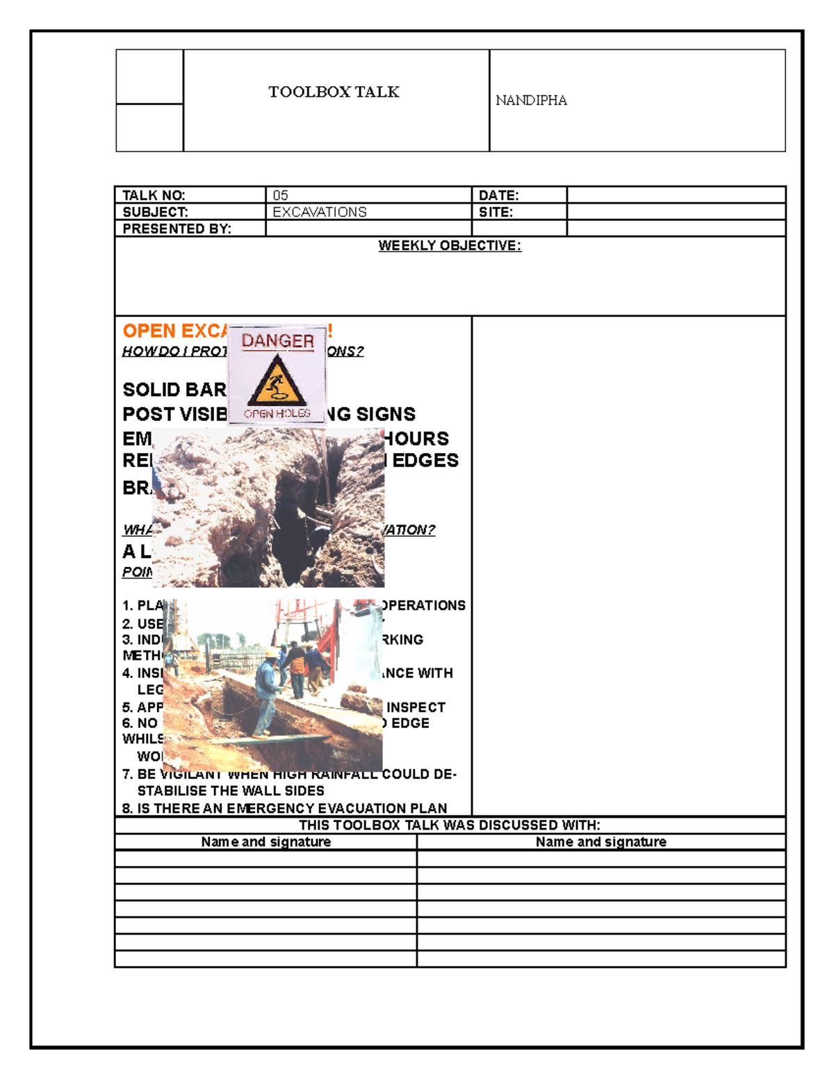 Tbt 05 Excavations Nya Holdings Toolbox Talk Nandipha Talk No 05