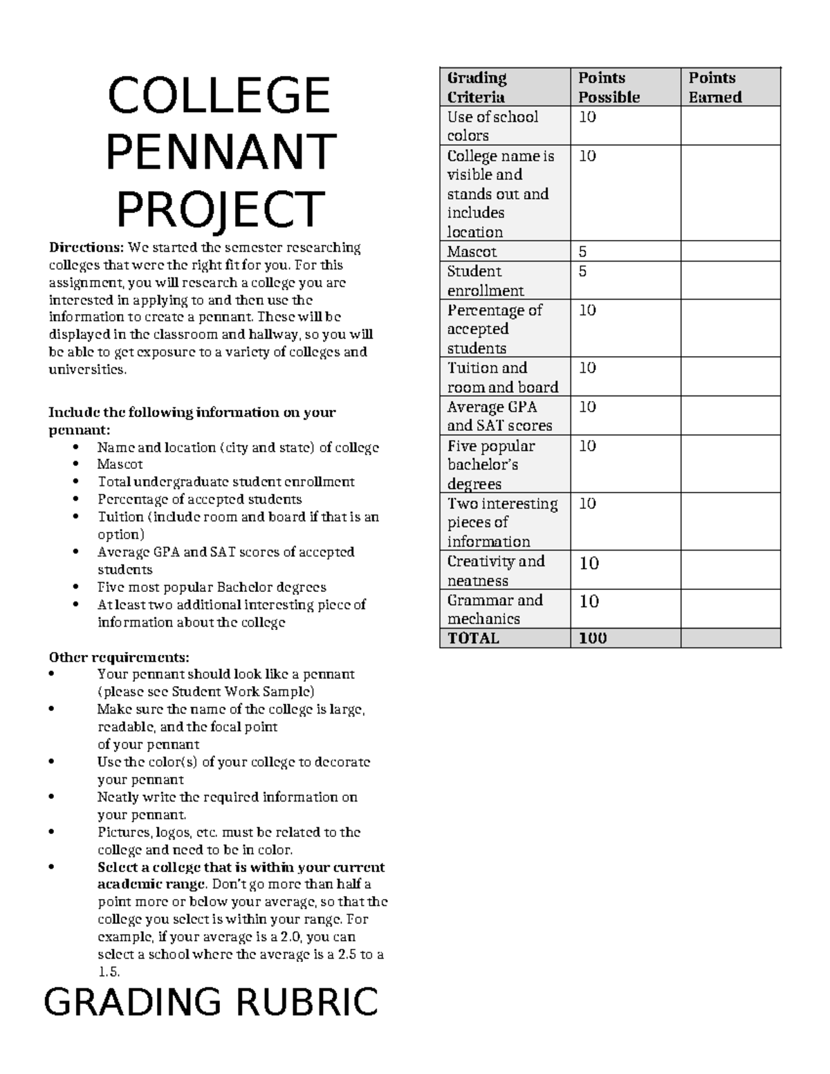 Pennant Project - answering - COLLEGE PENNANT PROJECT Directions: We ...