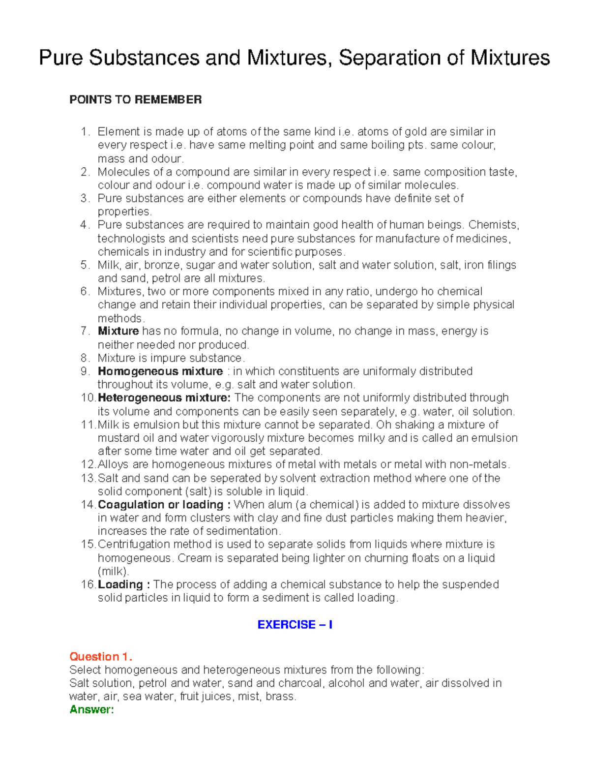 Pure Substances and Mixtures, Separation of Mixtures - ncertbooksolutions POINTS TO REMEMBER 1 ...