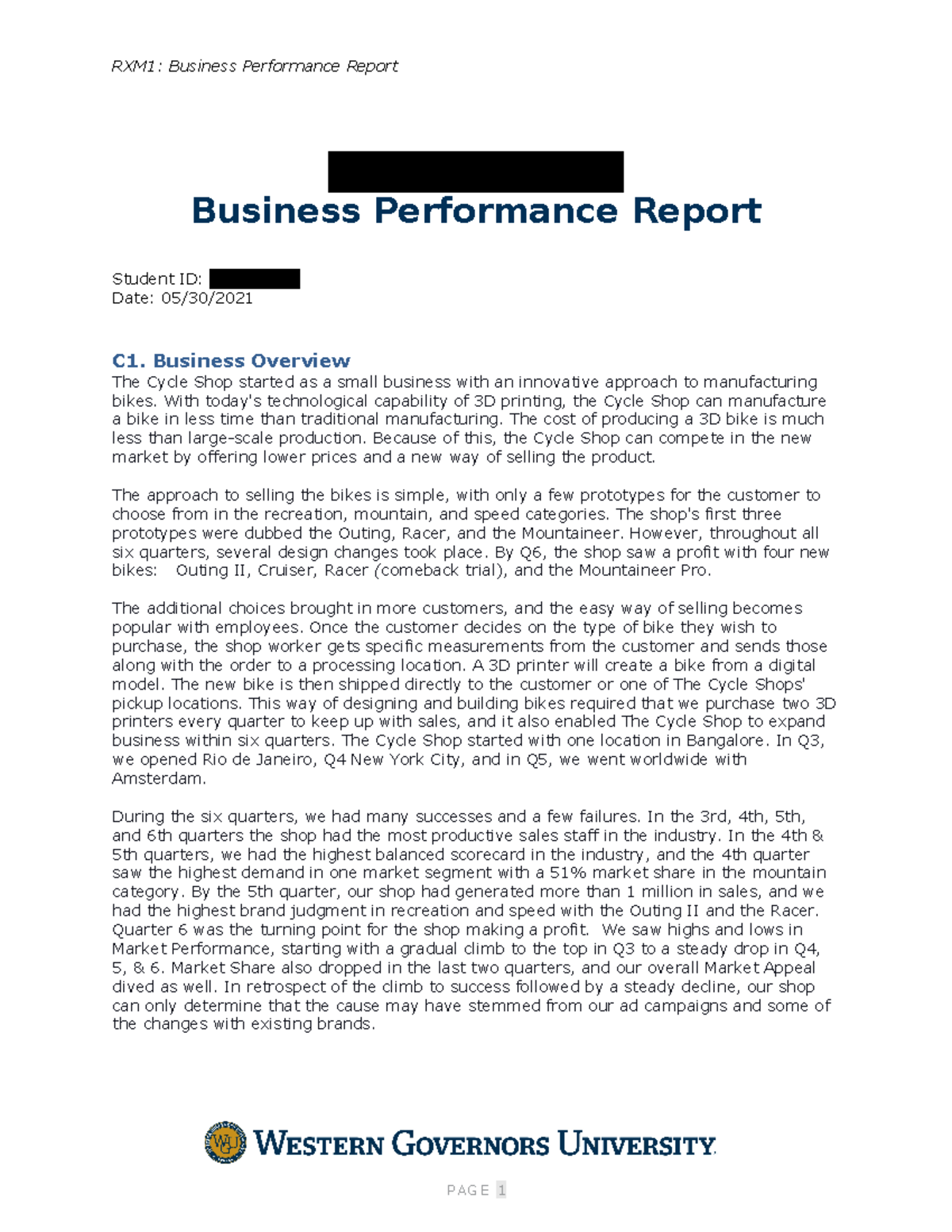 Business Performance Report Task 1 Business Capstone - RXM1: Business ...