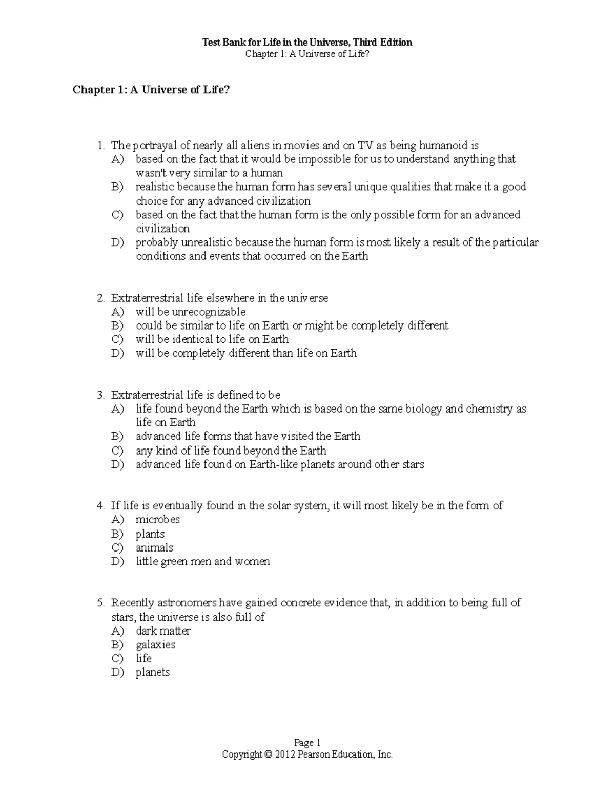 Test Bank Chapter 1 - Test Bank for Life in the Universe, Third Edition ...