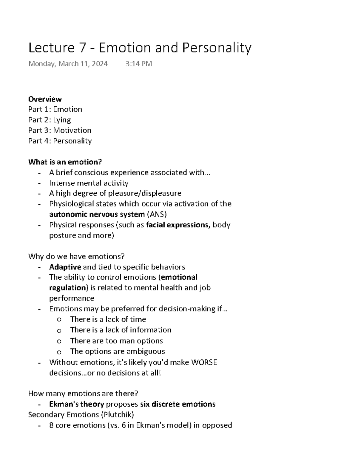 Lecture 7 Emotion And Personality Fixed Overview Part 1 Emotion Part 2 Lying Part 3