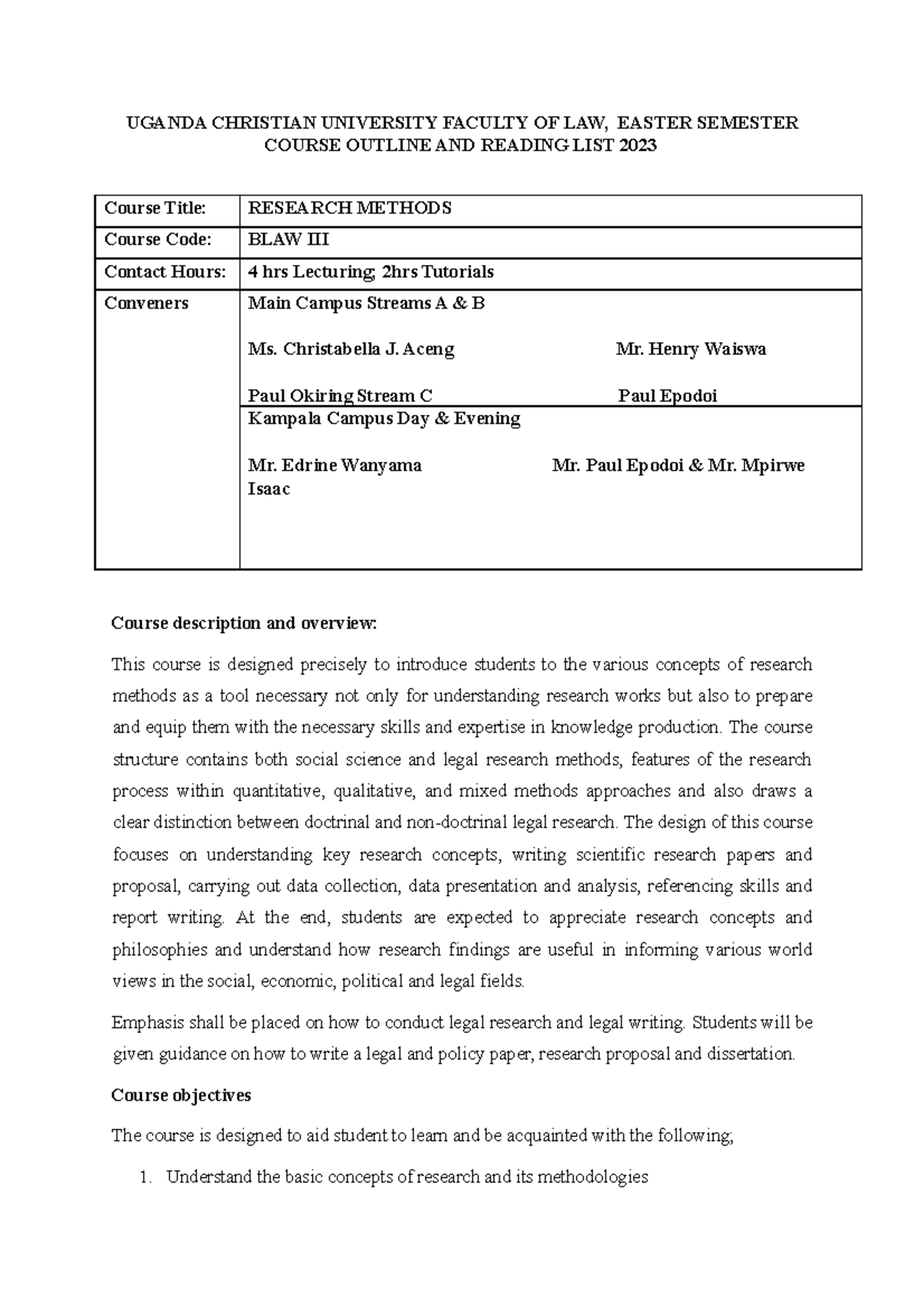 Research method course outline LLB3 2023 - UGANDA CHRISTIAN UNIVERSITY ...