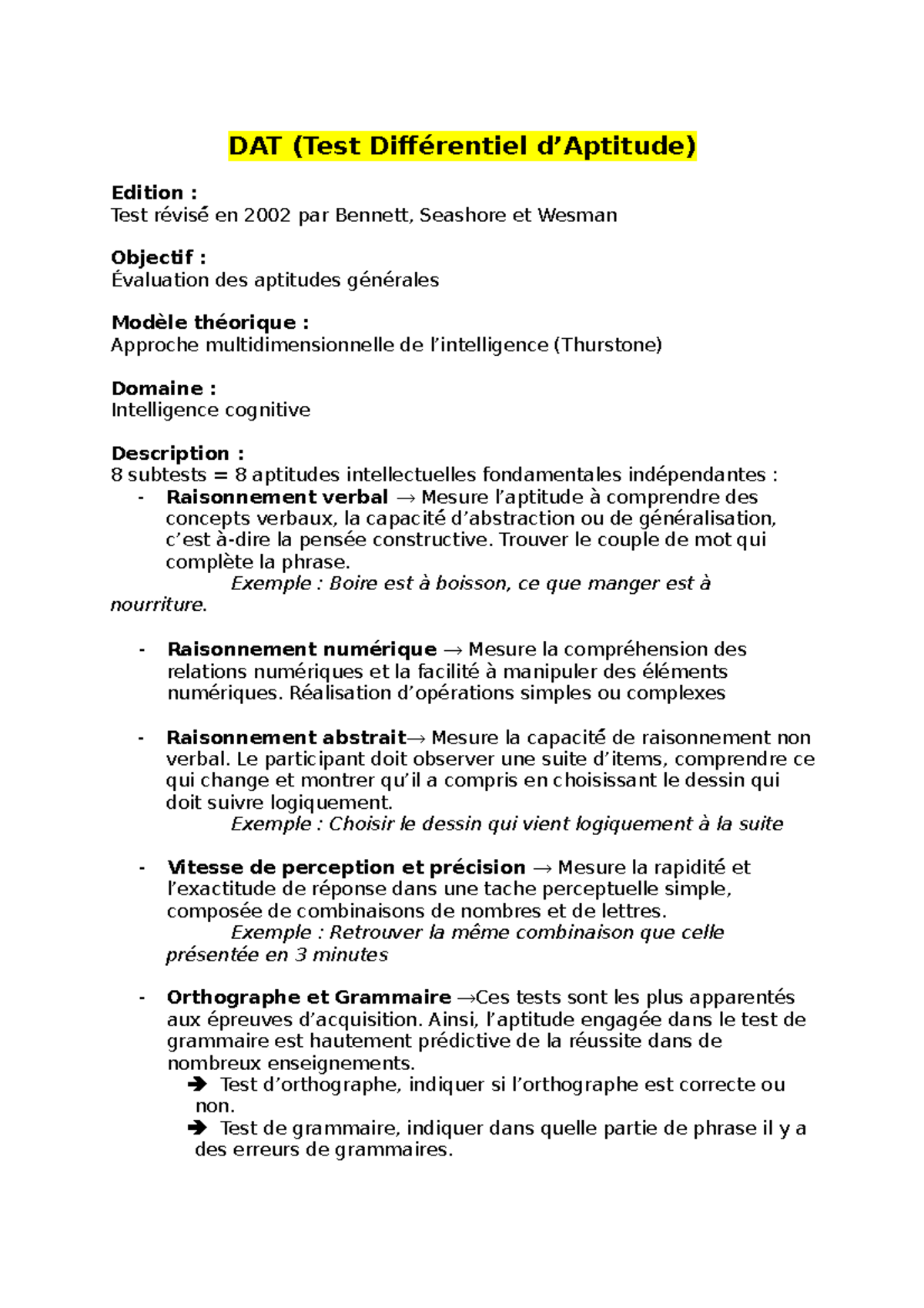 Descriptif du test DAT - DAT (Test Différentiel d’Aptitude) Edition ...