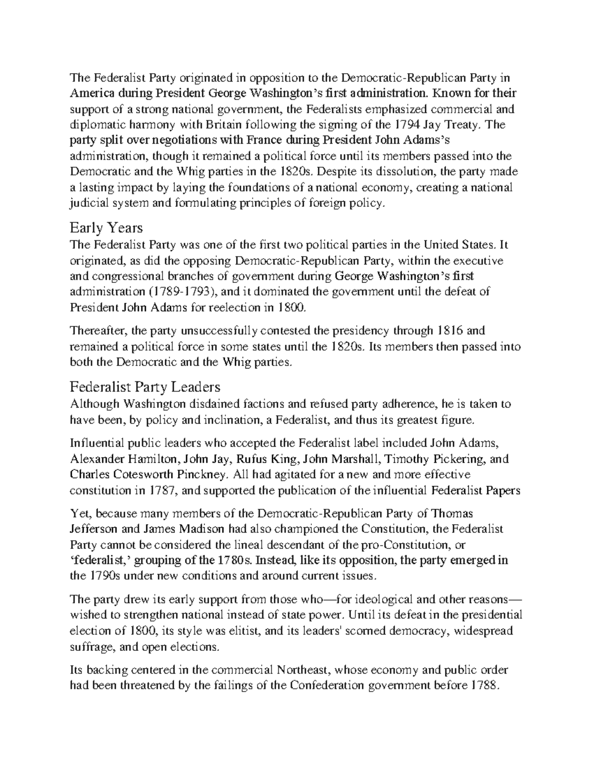 Federalist Party Notes - The Federalist Party originated in opposition ...