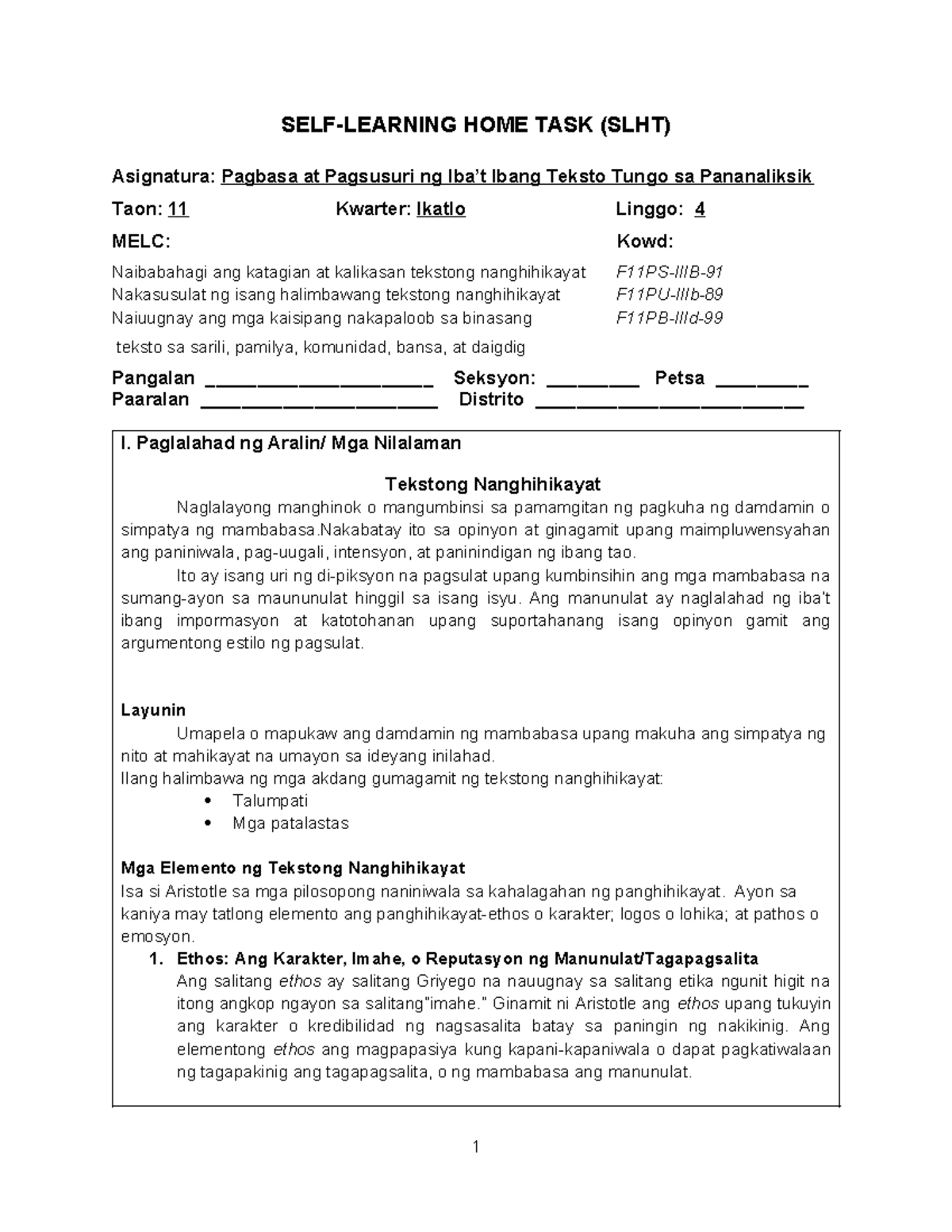SLHT-3rd-QRTR-4th-WEEK - SELF-LEARNING HOME TASK (SLHT) Asignatura: Pagbasa at Pagsusuri ng Iba ...