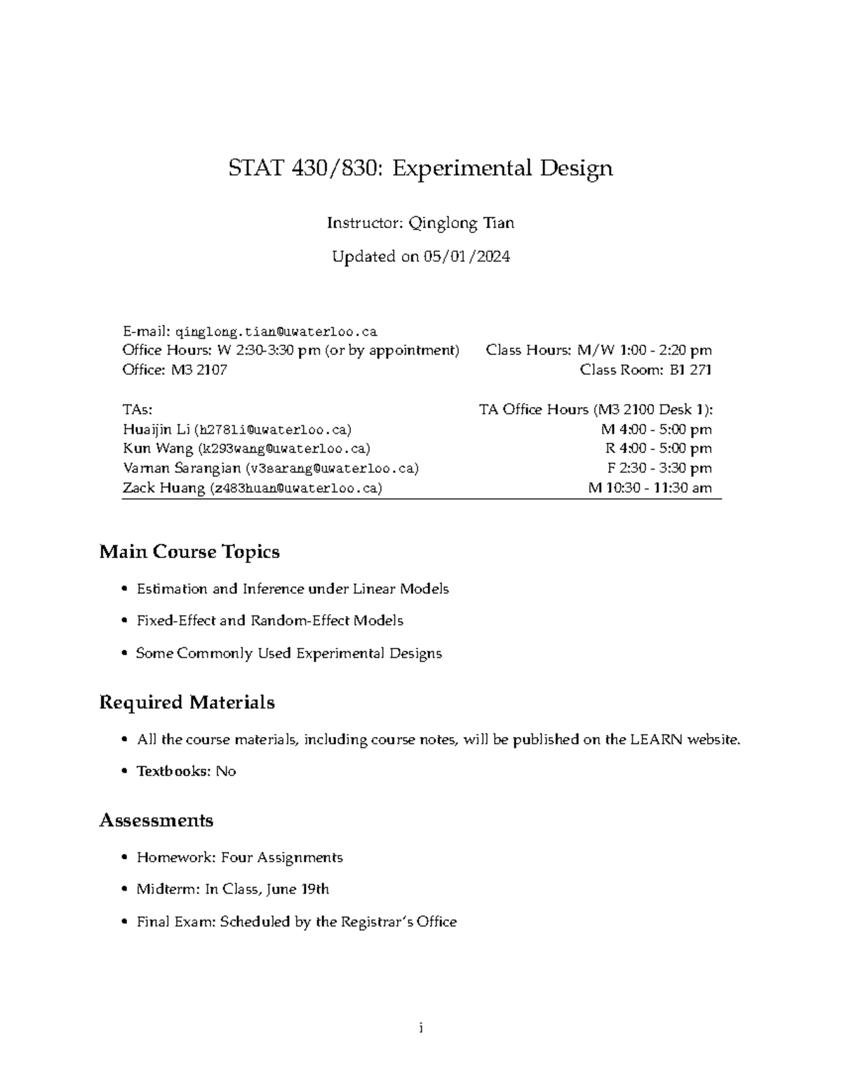 Syllabus - STAT 430/830: Experimental Design Instructor: Qinglong Tian ...