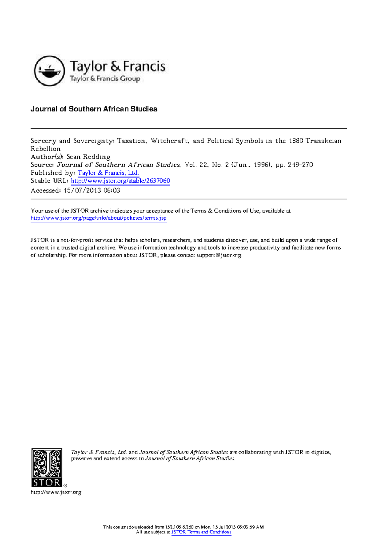 Redding - Sorcery & Sovereignty - Journal of Southern African Studies ...