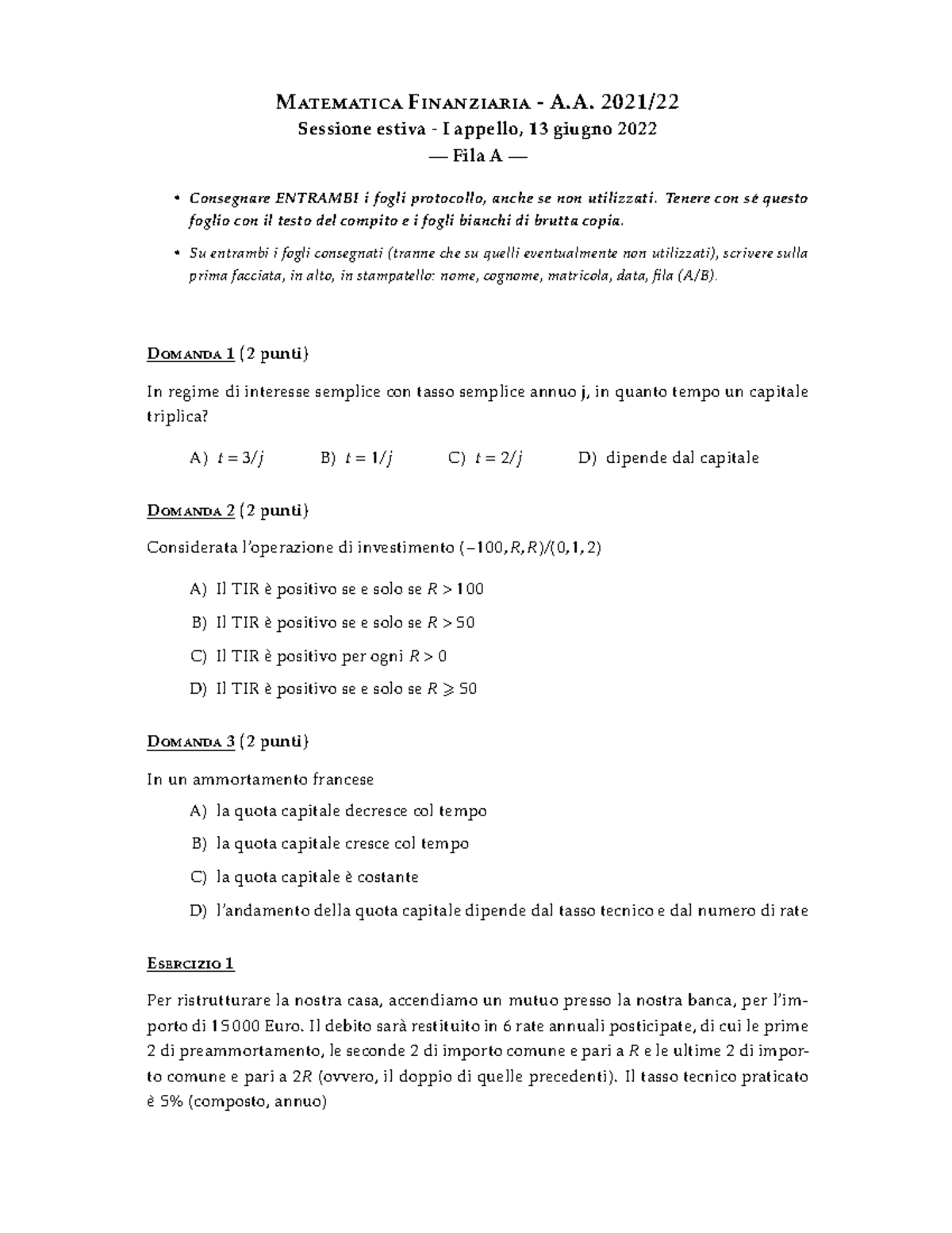 Esame di MF del 13/06/2022 - Matematica Finanziaria - A. 2021/ Sessione estiva - I appello, 13 ...
