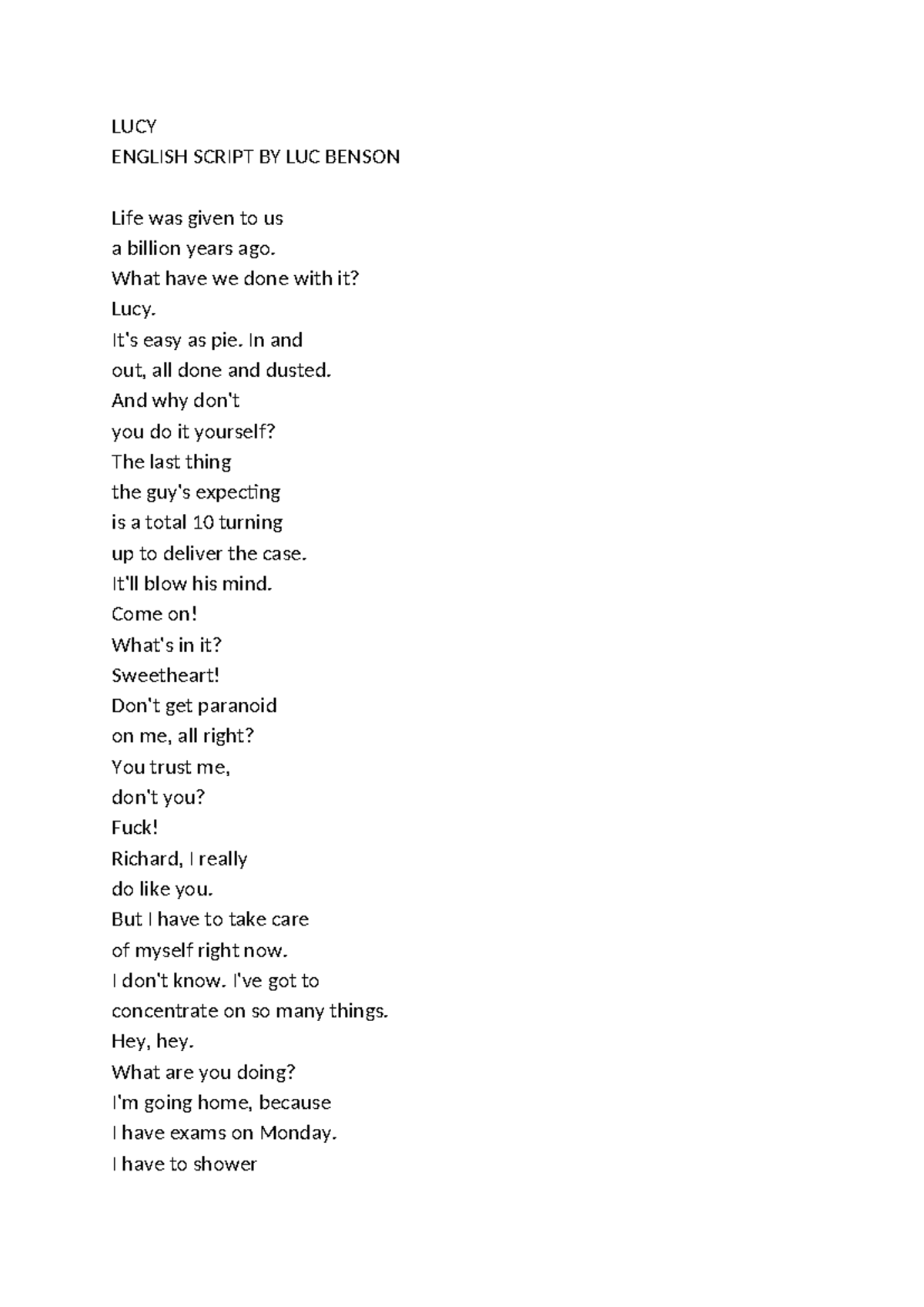 LUCY English Script - GUION DE LUCY PARA SUBTITULACION - LUCY ENGLISH SCRIPT BY LUC BENSON Life ...