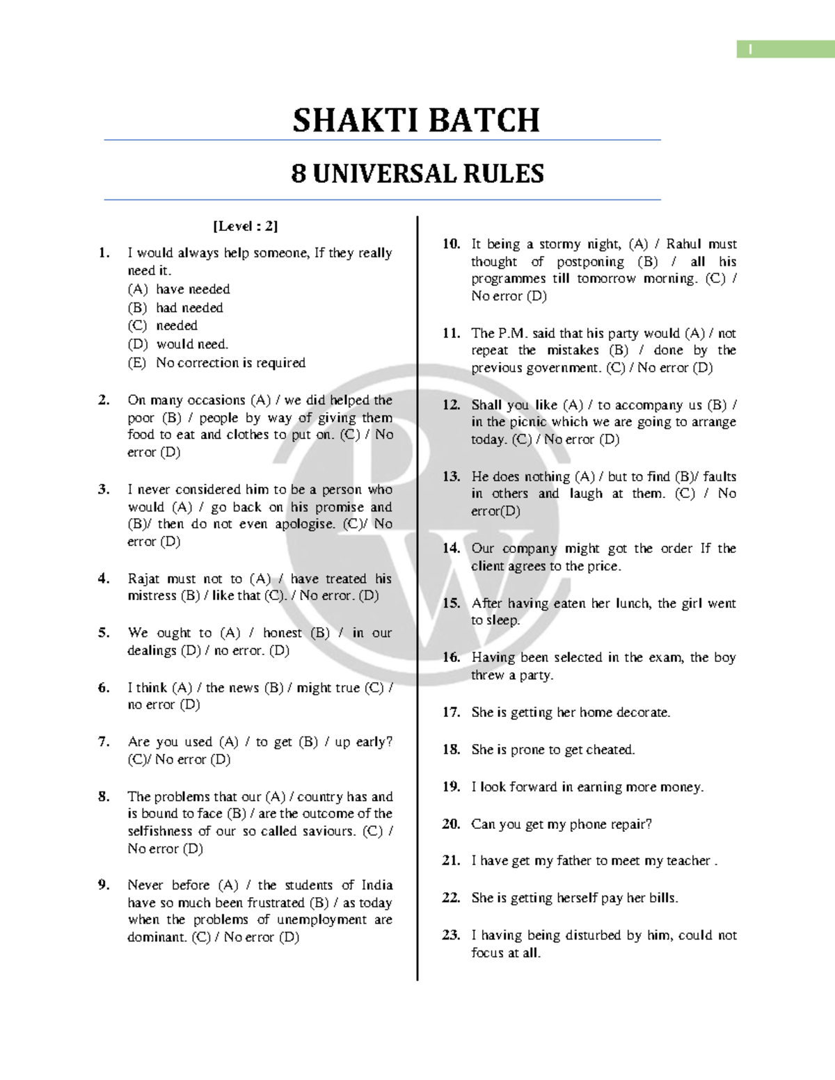 English - Basics of English 02 Practice Sheet (PDF Only) - 1 SHAKTI BATCH 8 UNIVERSAL RULES ...