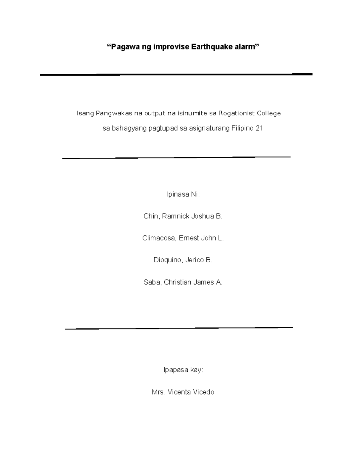 FO Filipino 2 - “Pagawa ng improvise Earthquake alarm” Isang Pangwakas ...