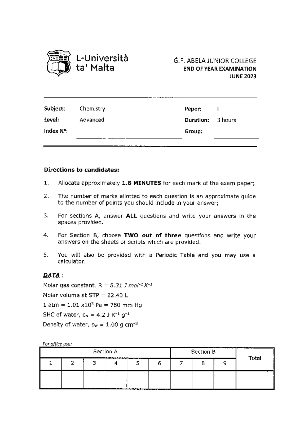 Chemistry Advanced - Past papers and/or model answers - L-Università ta ...