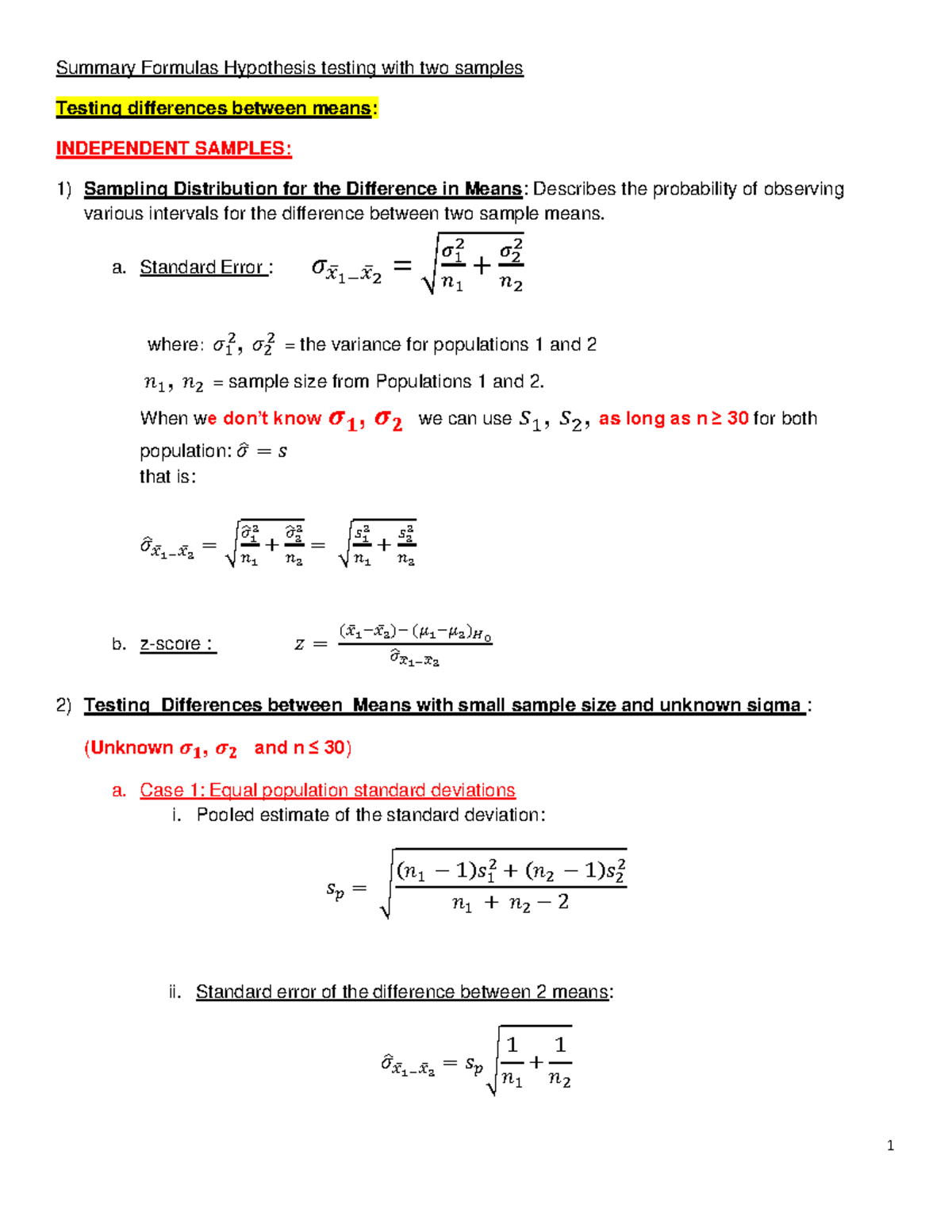 Summary Formulas Hyp Test Winter 2024 - 1 Summary Formulas Hypothesis ...