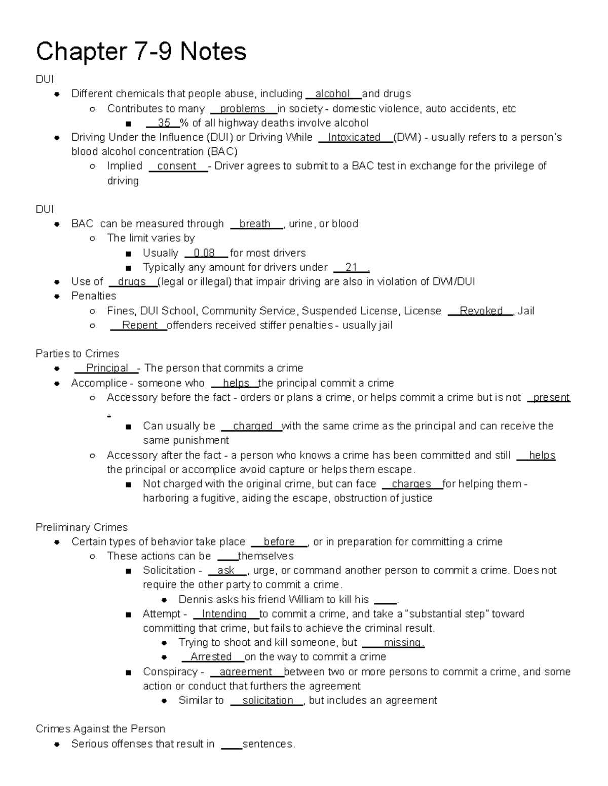 KARA Cope-Oyler - Chapter 7-9 Notes - Chapter 7-9 Notes DUI Different ...