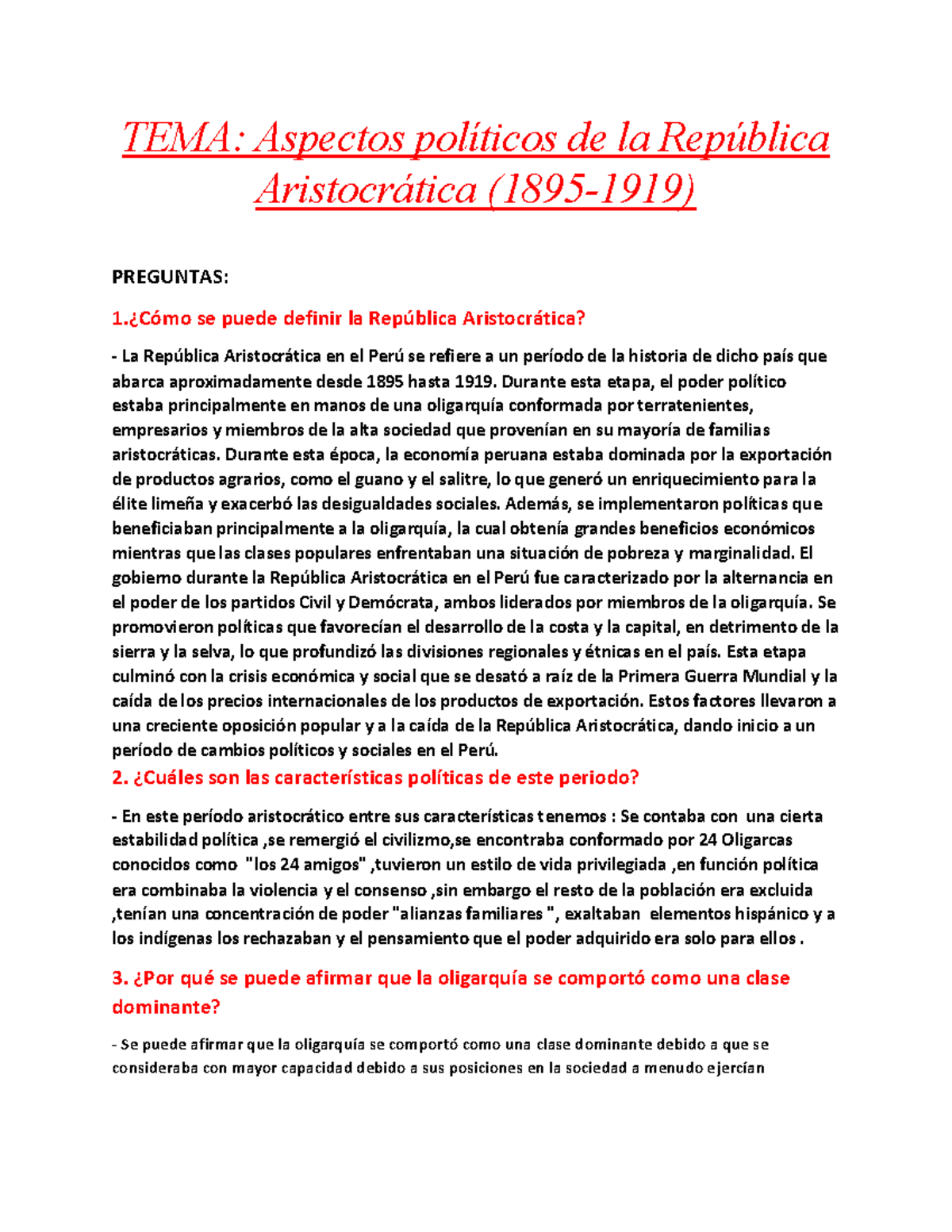 TEMA Aspectos políticos de la República Aristocrática (1895- TEMA ...