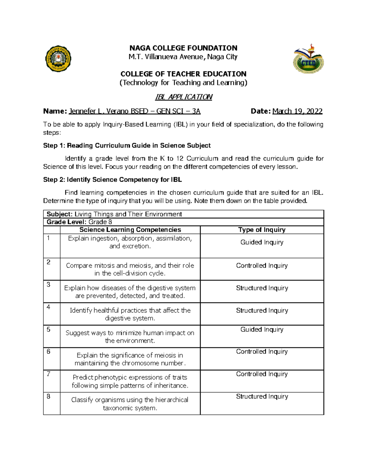TTL - IBL Application - Sample format - Basic Education - Studocu