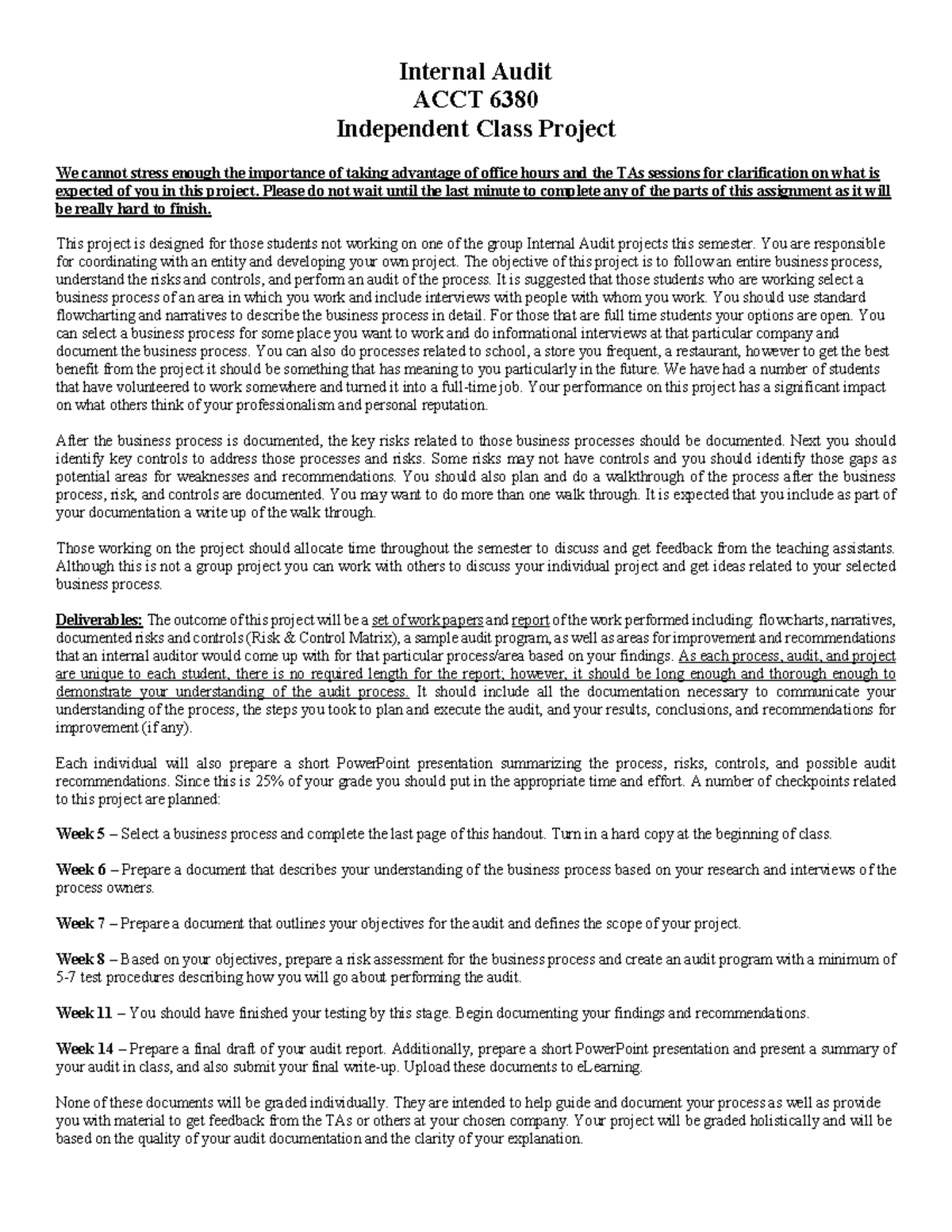 Audit Project - Independent Audit Project - Internal Audit ACCT 6380 ...