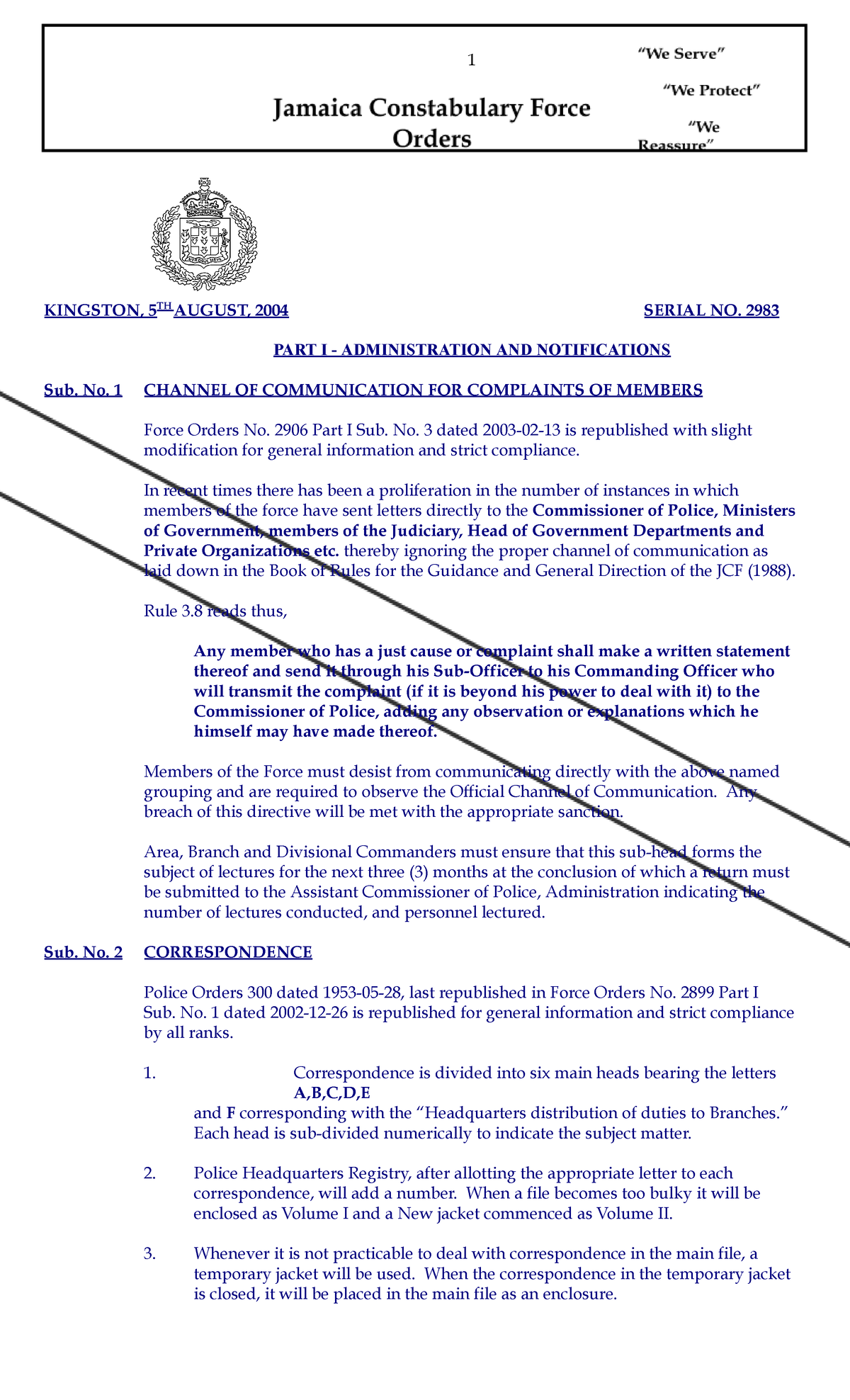 Force orders 2983a 04-08-05 - KINGSTON, 5TH AUGUST, 2004 SERIAL NO ...