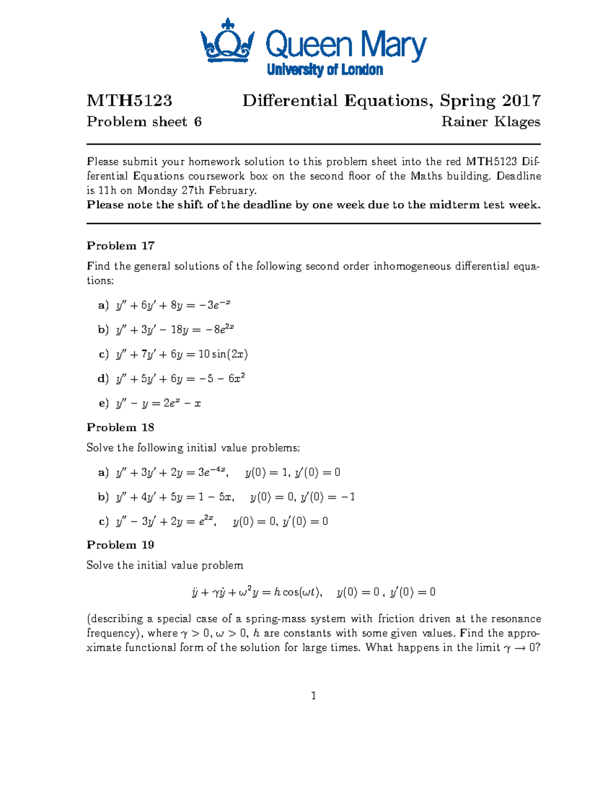 MTH5123 2016-2017 Coursework 6 - MTH5123 Differential Equations, Spring ...