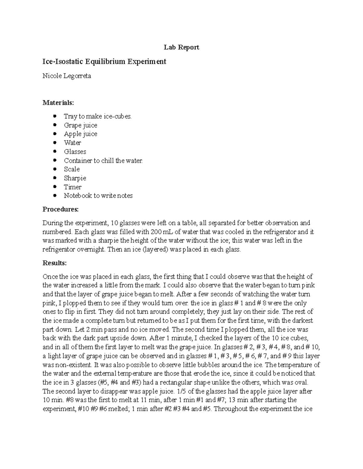 Lab Report number one - Lab Report Ice-Isostatic Equilibrium Experiment ...