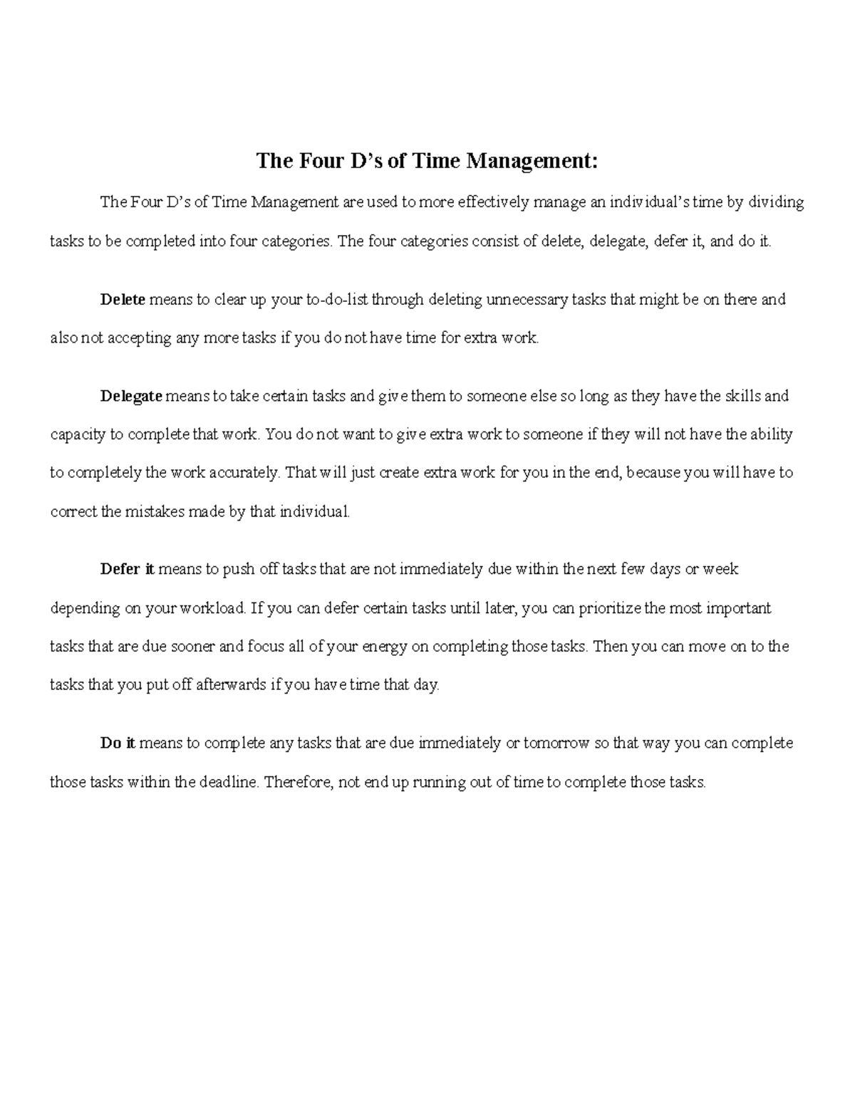 Four D's of Time Management - The four categories consist of delete ...