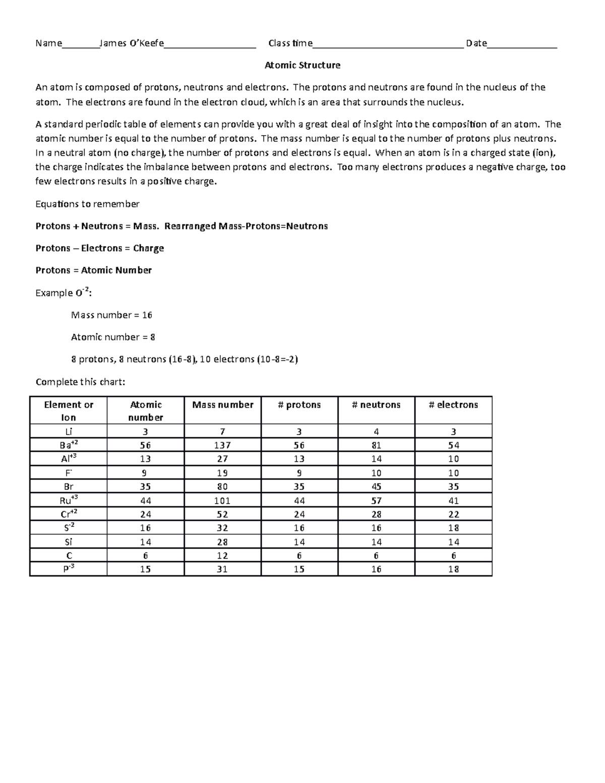 Atomic structure - Work for the sheet - Name_______James O’Keefe ...