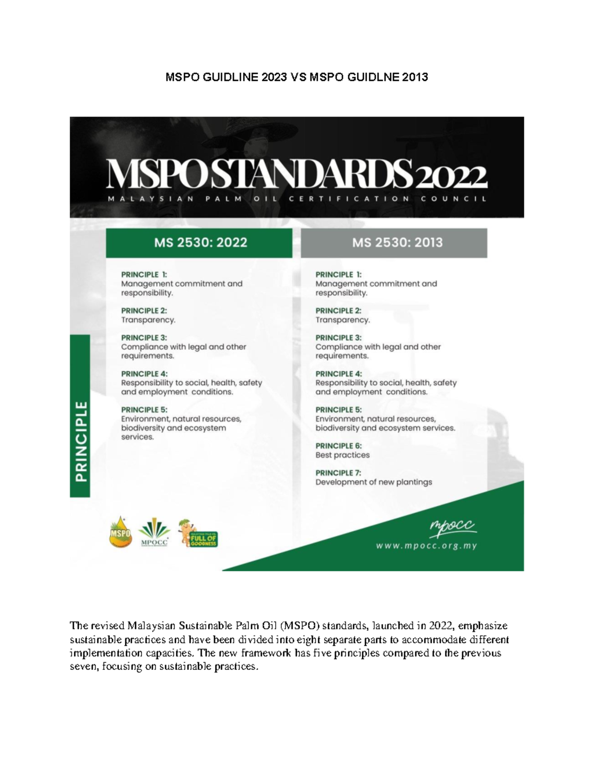 MSPO Summarize Sauqi - Lecture noted - MSPO GUIDLINE 2023 VS MSPO ...