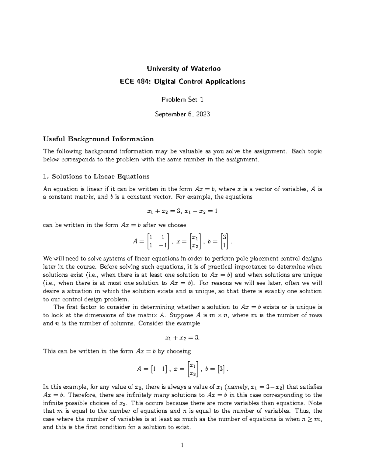 Mandatory Weekly Assignment 1 - University of Waterloo ECE 484: Digital Control Applications ...