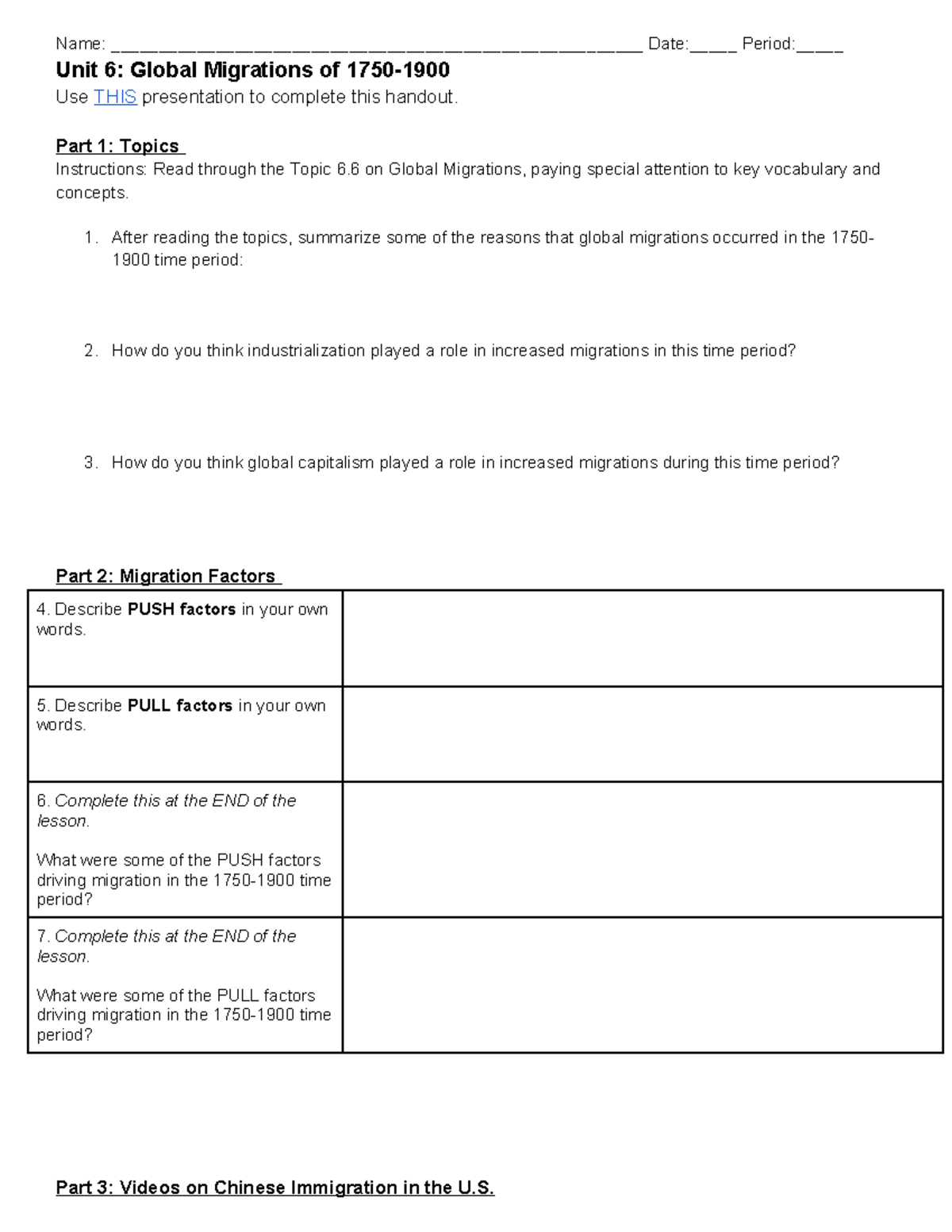 Unit 6 Global Migrations Activity 1750-1900 - Name: - Studocu