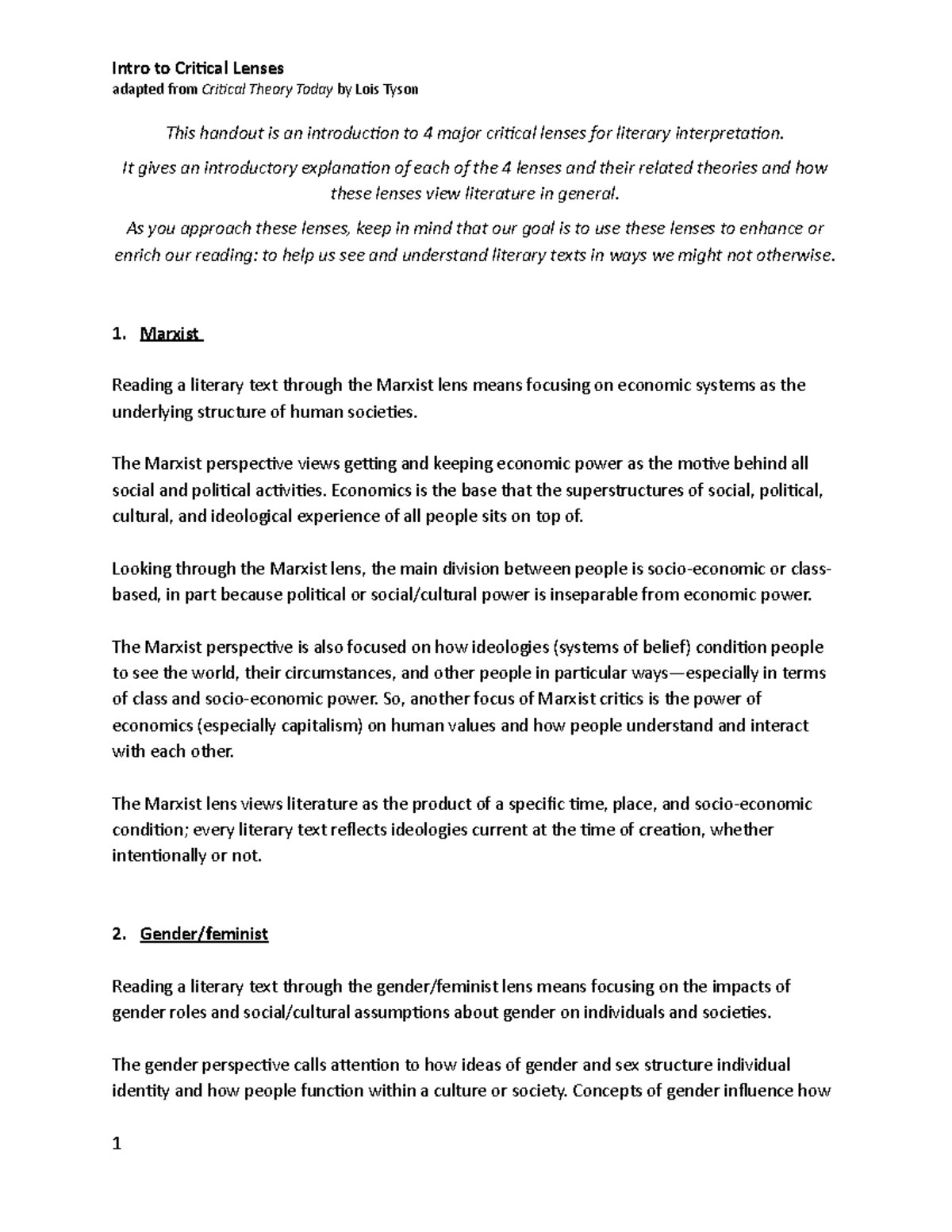 Critical Lens Intro copy - Intro to Critical Lenses adapted from ...