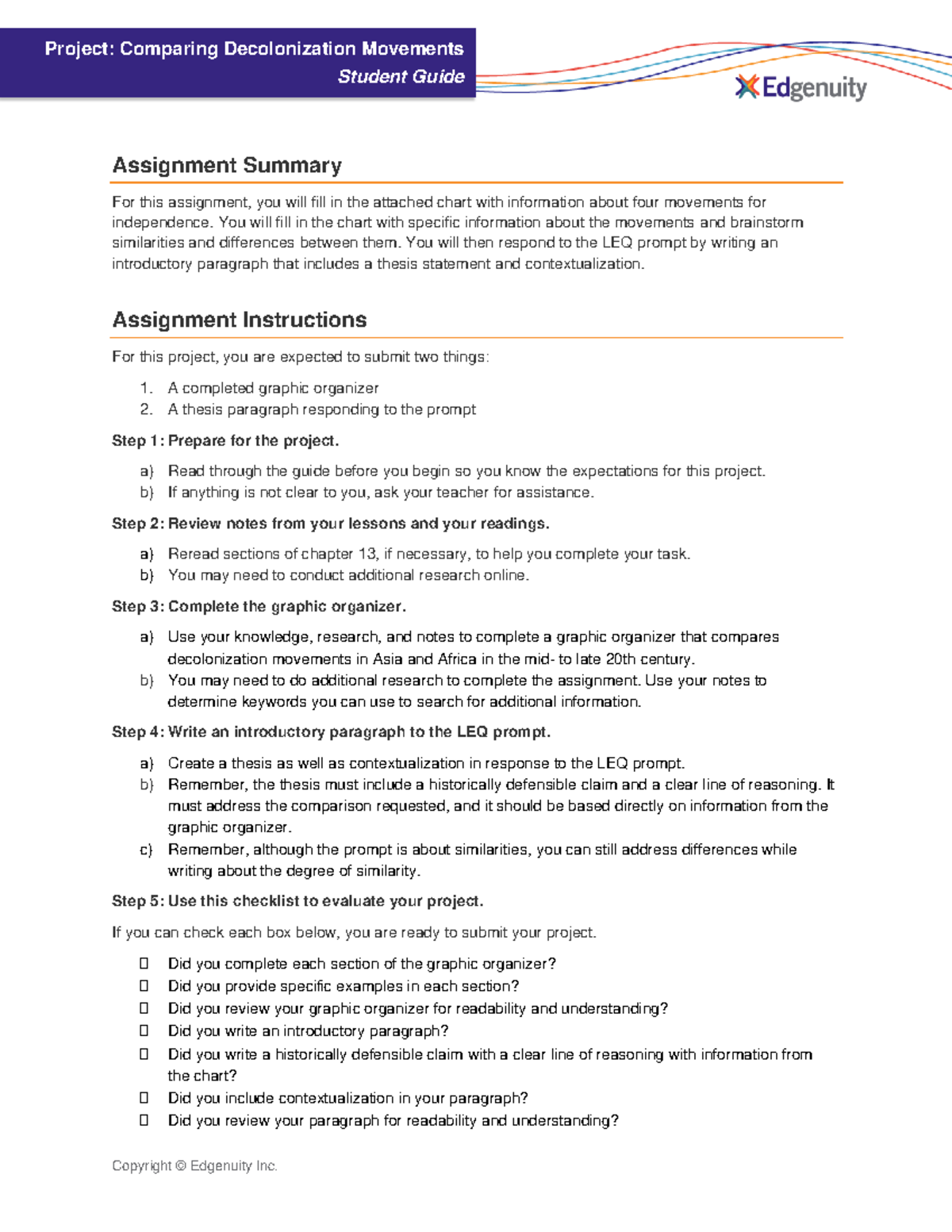 Project - Comparing Decolonization Movements - Student Guide - Project: Comparing Decolonization ...