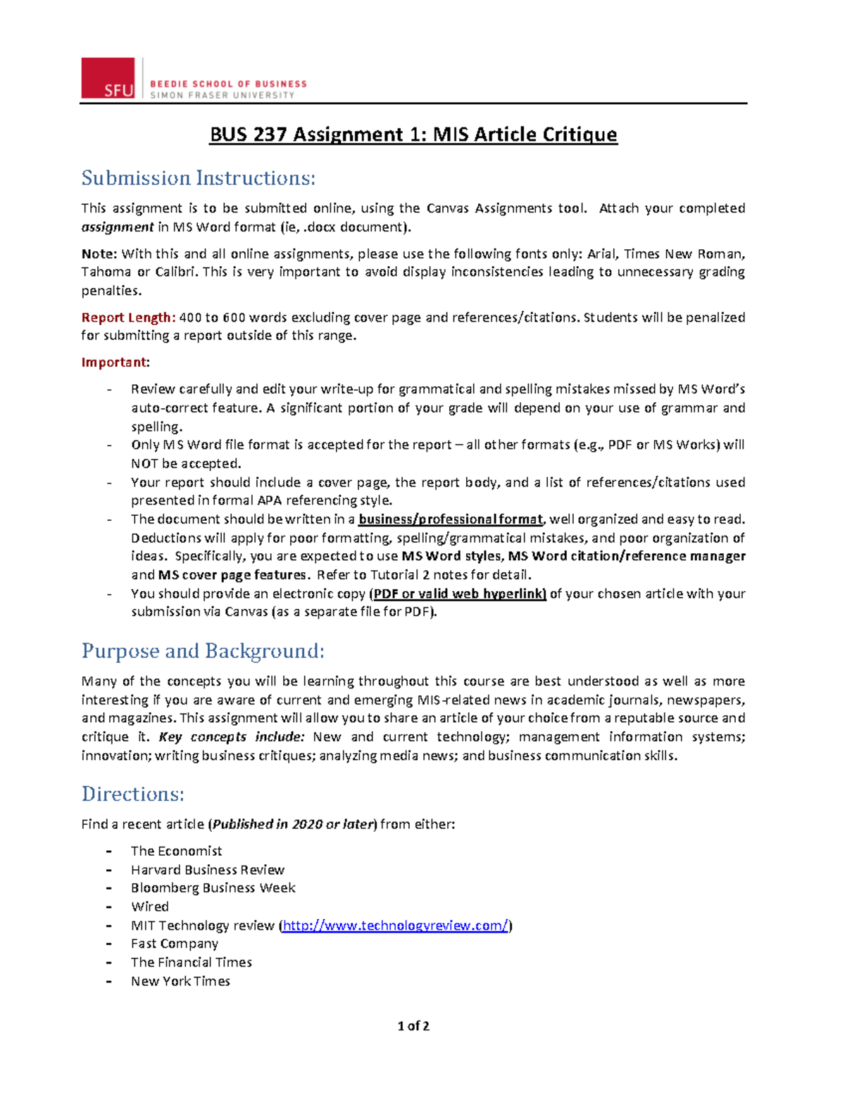 Assignment 1 Report - BUS 237 - SFU - Studocu