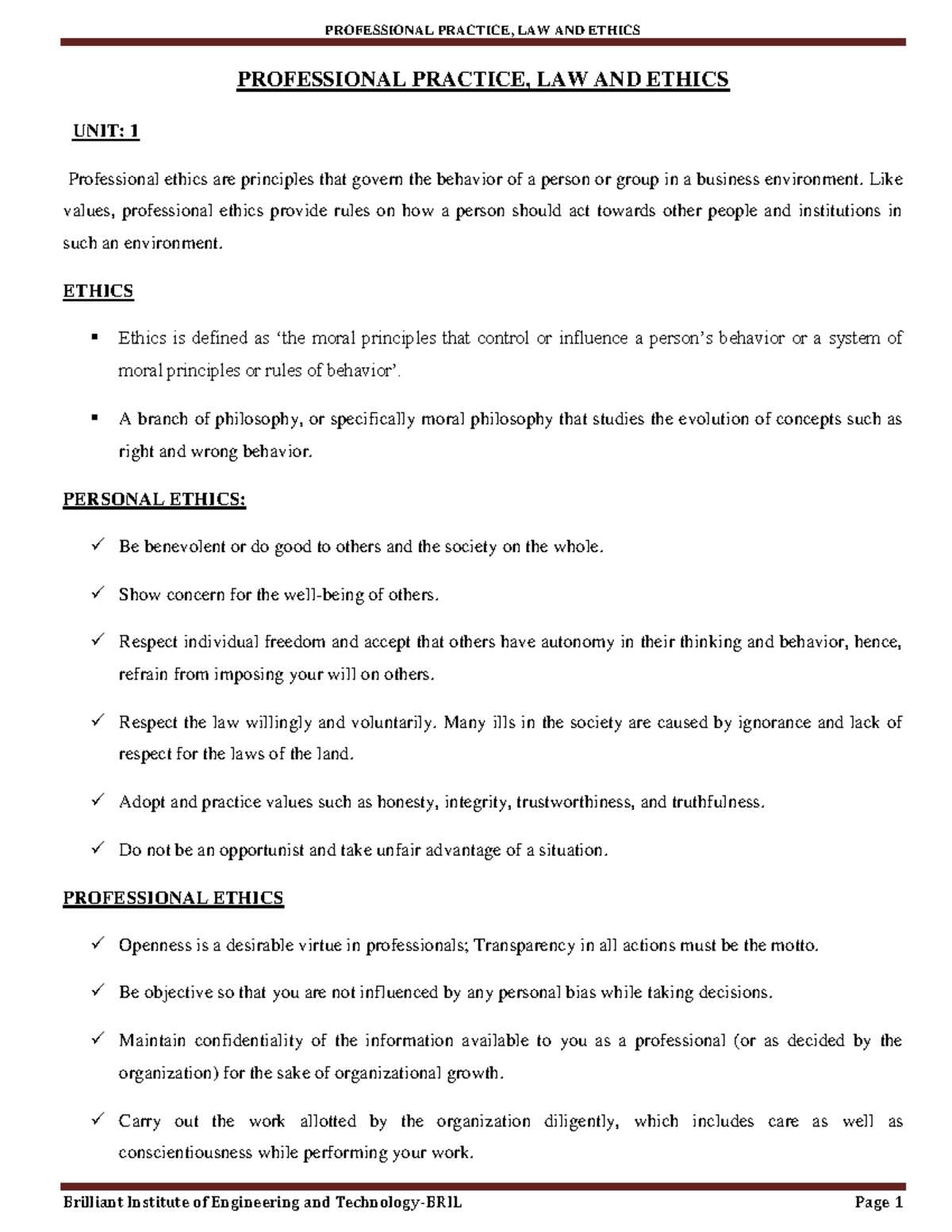 PPLE Notes - Clear understanding about ethics - PROFESSIONAL PRACTICE ...