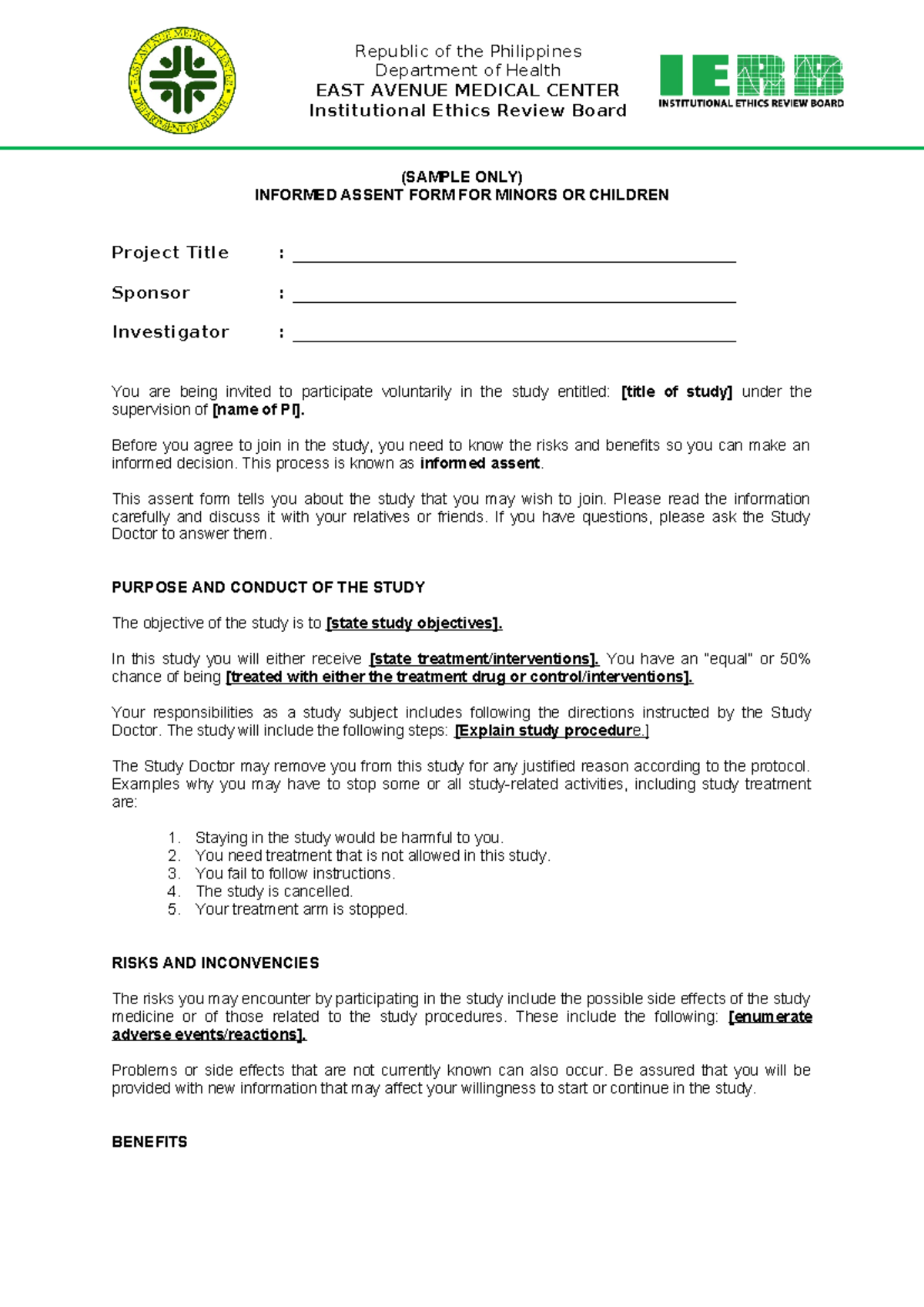 Separate english and tagalog assent form - Department of Health EAST ...